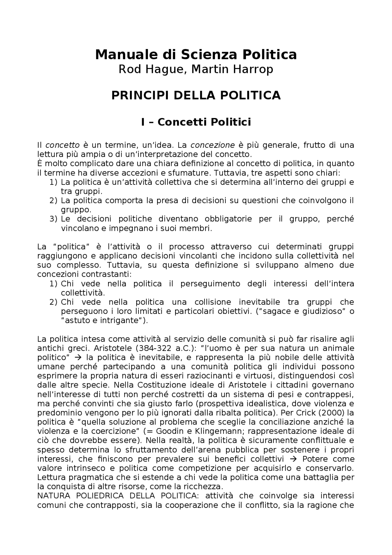 Riassunto Rod Hague, Martin Harrop PRINCIPI DELLA POLITICA - Docsity