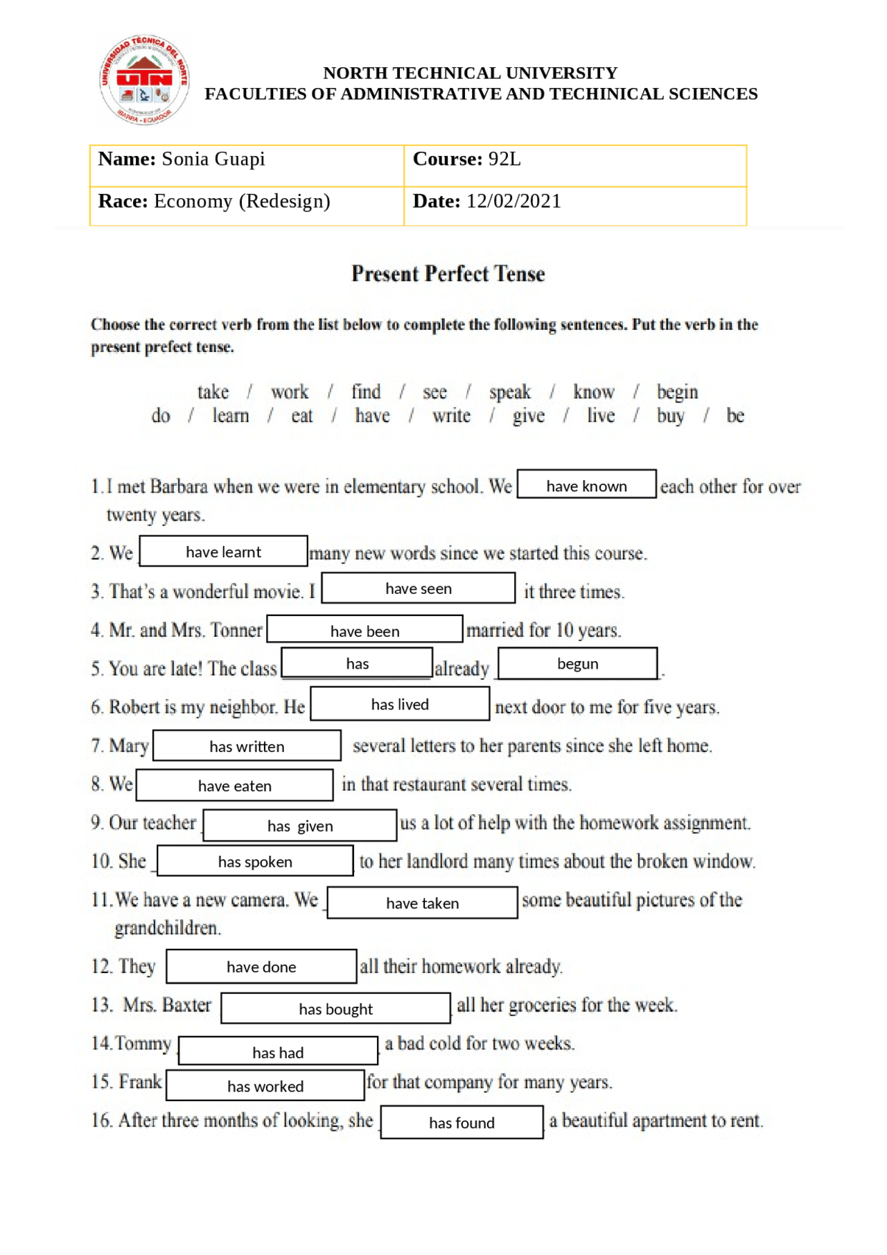 Present perfect sentences - Docsity
