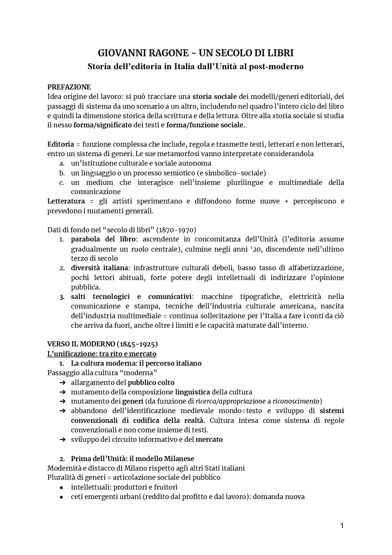 Riassunto Di Un Secolo Di Libri Di G Ragone Docsity