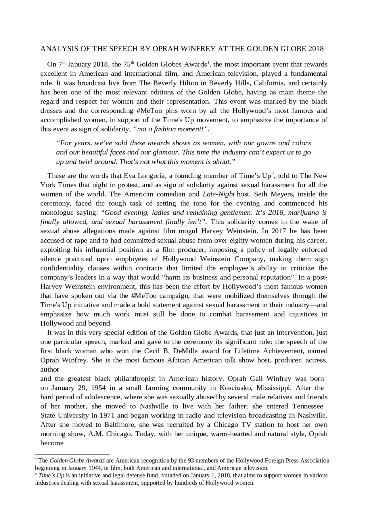 Oprah Winfrey's Speech Analysis (Golden Globe 2018) - Docsity