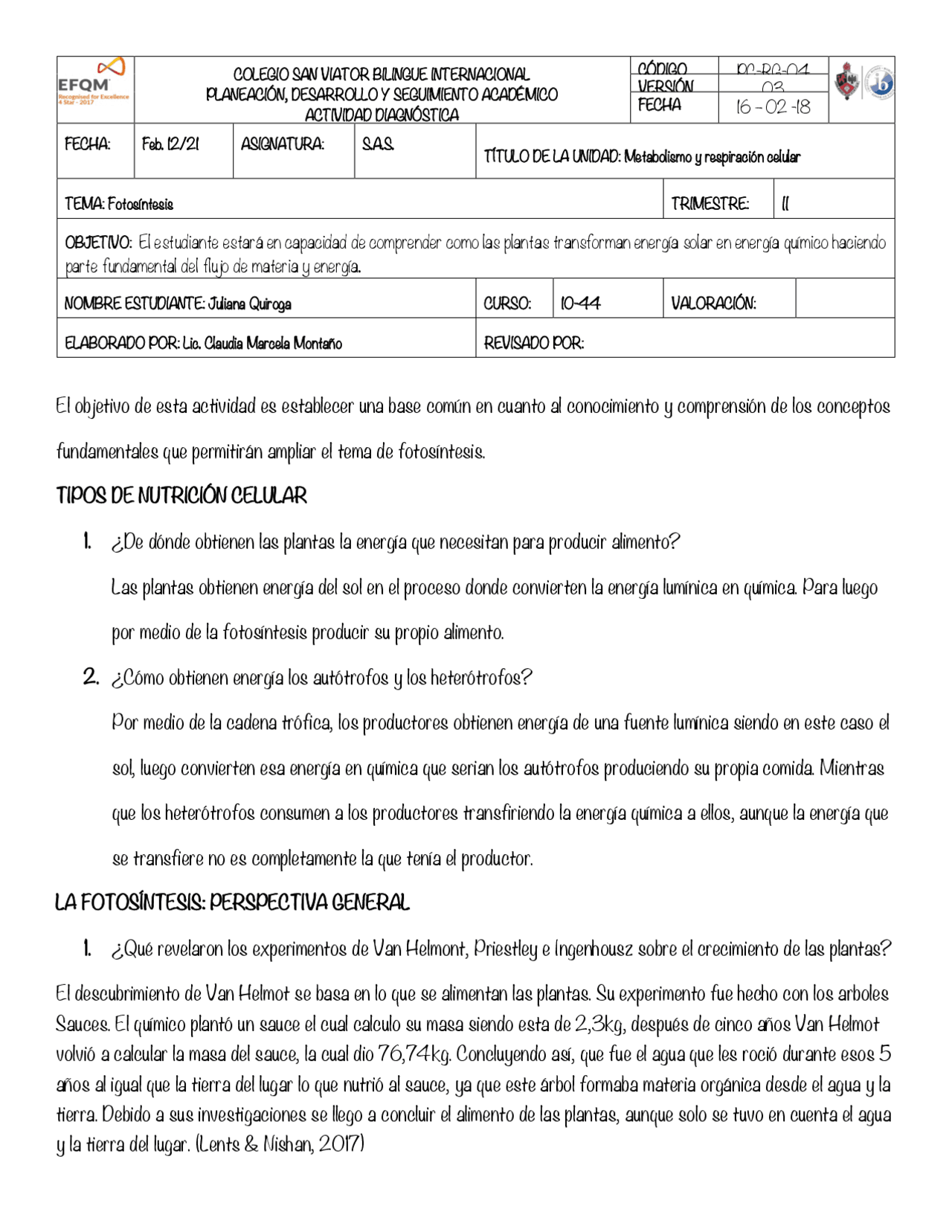 Hoja De Trabajo Sobre La Respiración Celular Y La Fotosíntesis