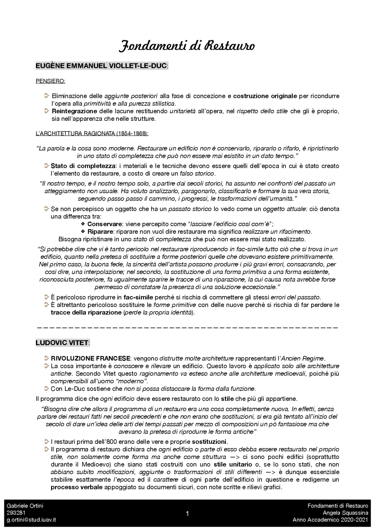 Appunti Fondamenti Di Restauro Docsity