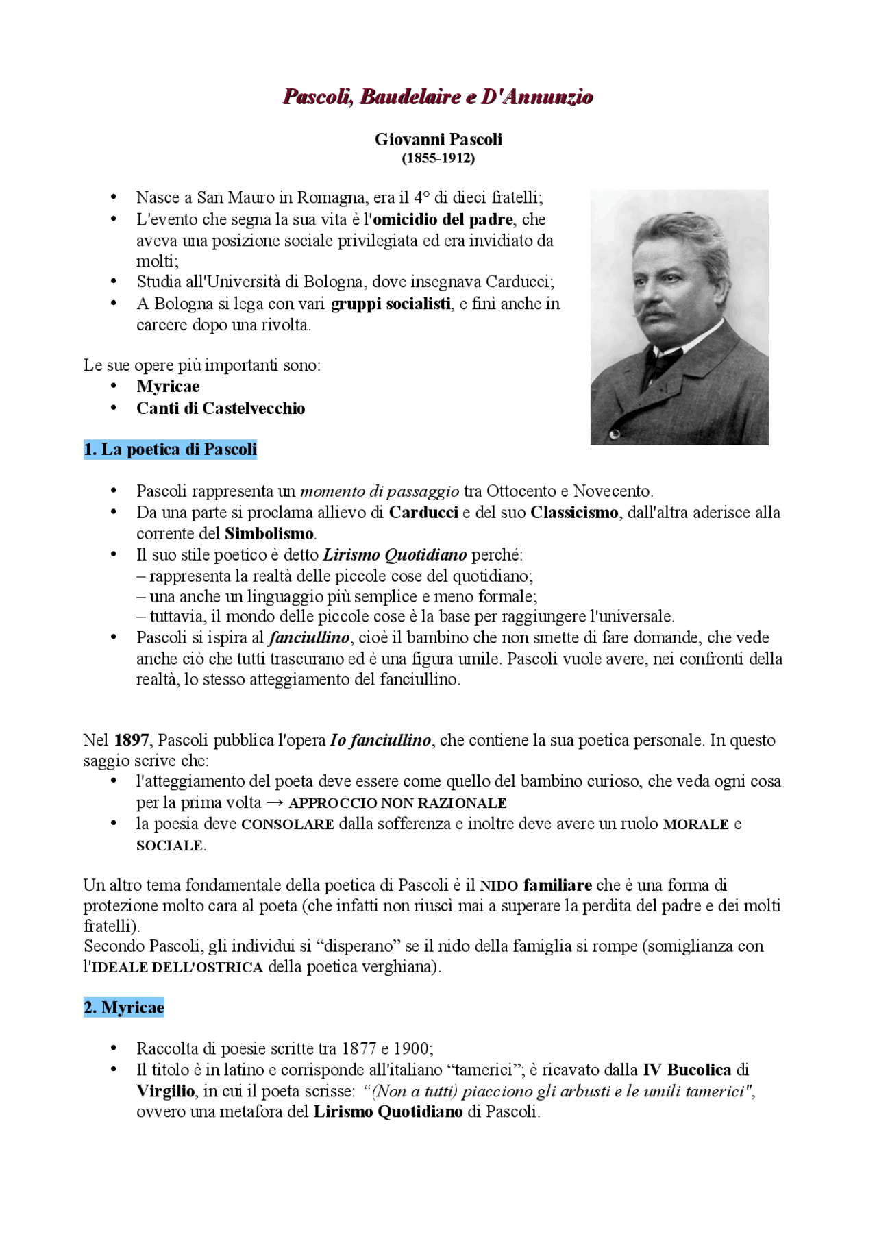 Appunti Su Pascoli Baudelaire E Dannunzio Docsity