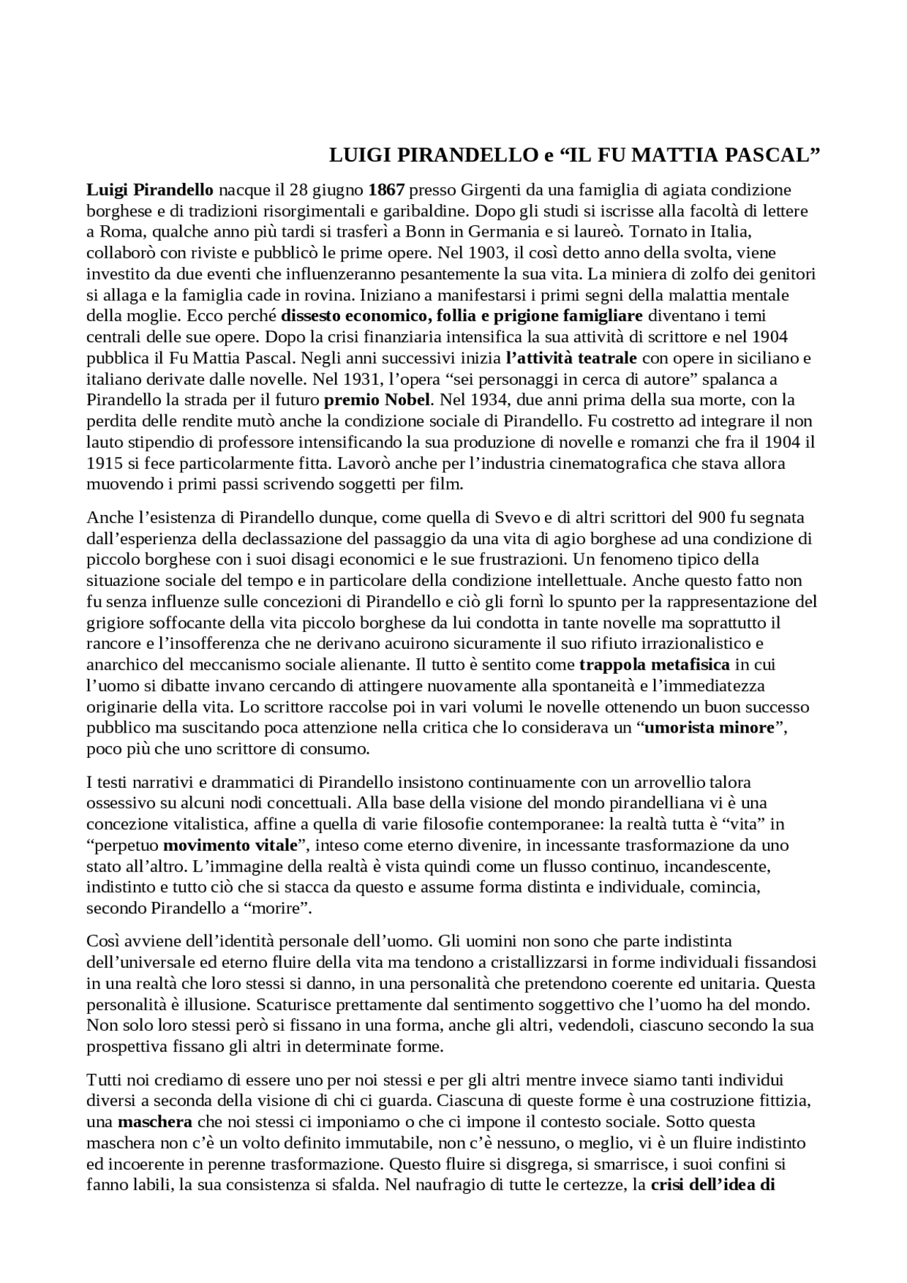 Pirandello E Il Fu Mattia Pascal Docsity