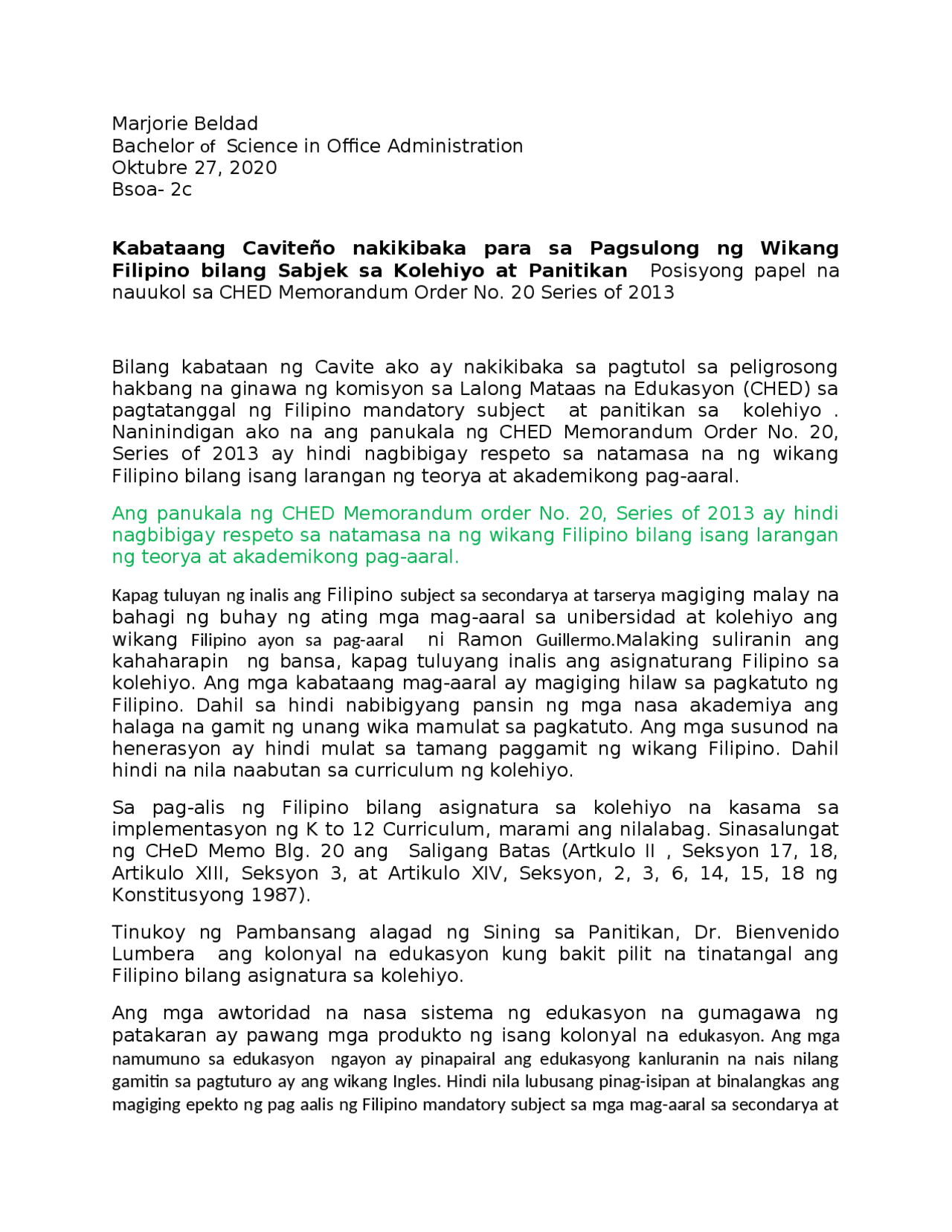 Student position paper on a local issue - Docsity