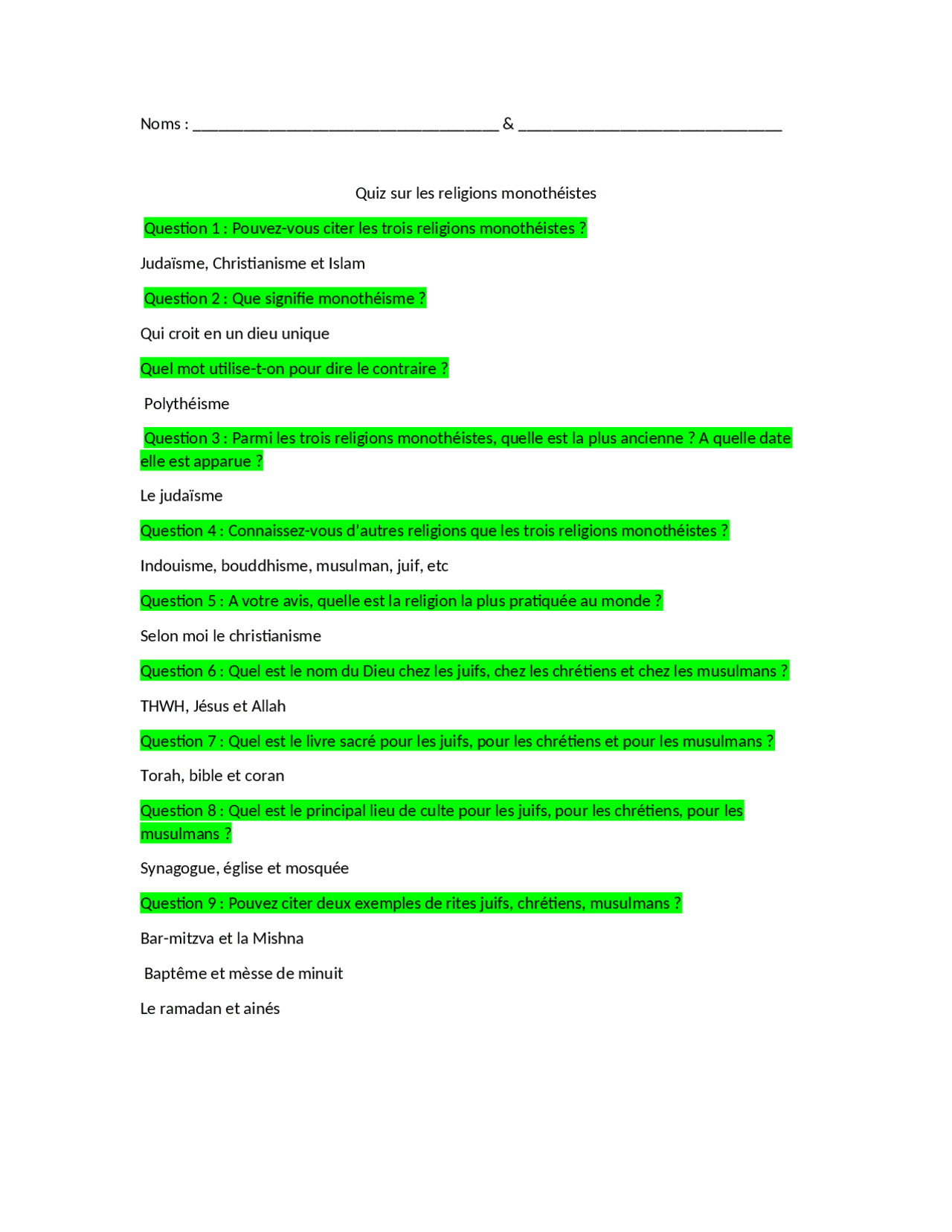 Quiz sur le monothéisme | Quizzes Religious studies | Docsity