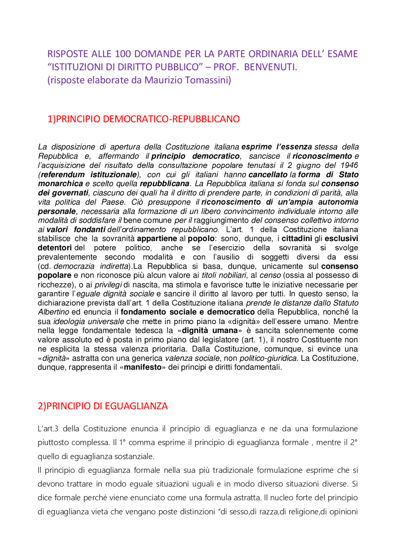 Risposte 100 domande esame istituzioni di diritto pubblico - Docsity