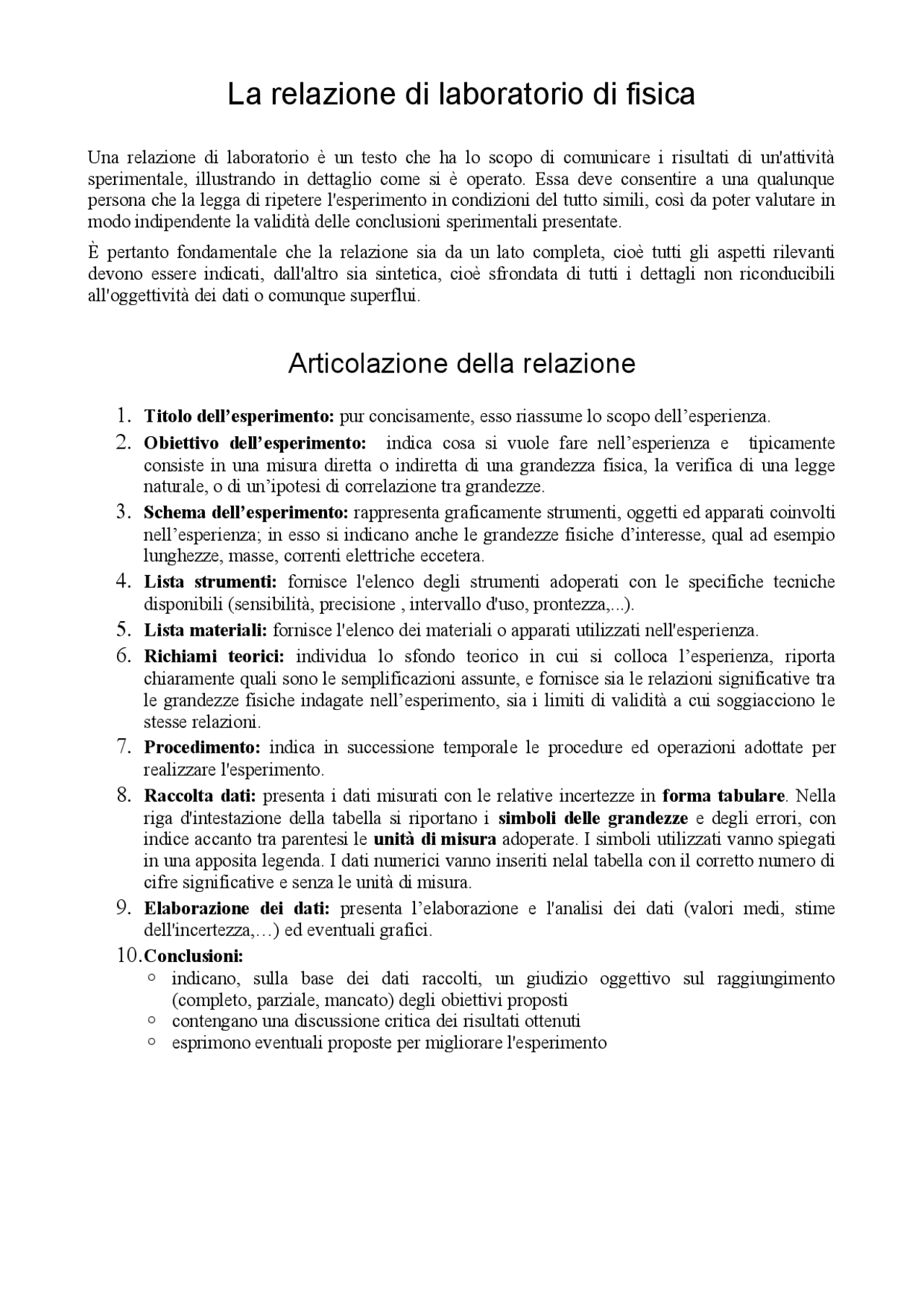 Schema per fare una relazione laboratorio - Docsity