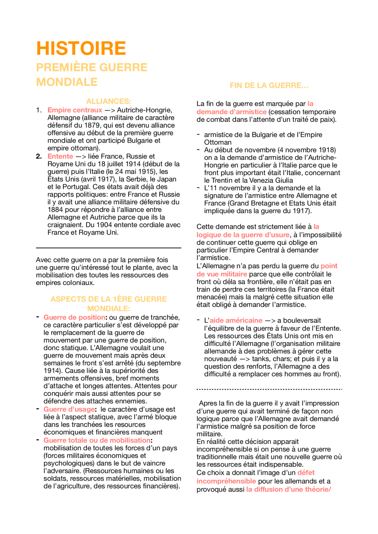 Histoire, première guerre mondiale - Docsity