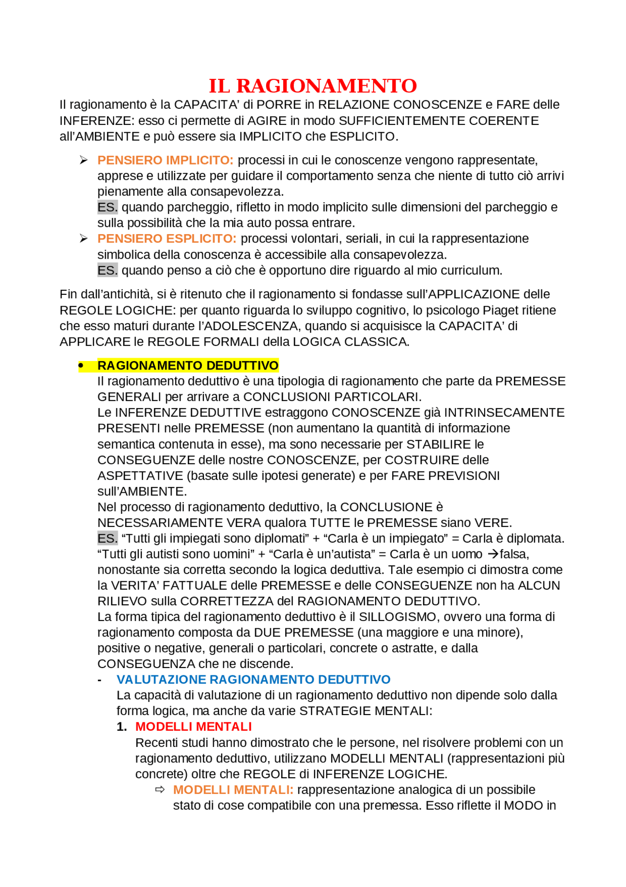 Il ragionamento - capitolo 7 - Docsity