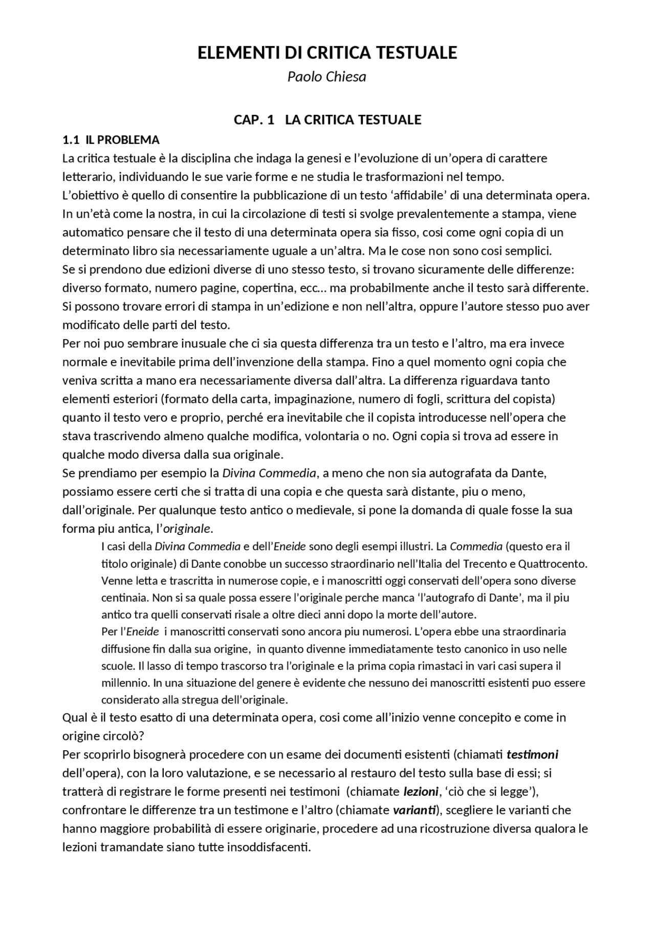 Elementi Di Critica Testuale Paolo Chiesa Docsity
