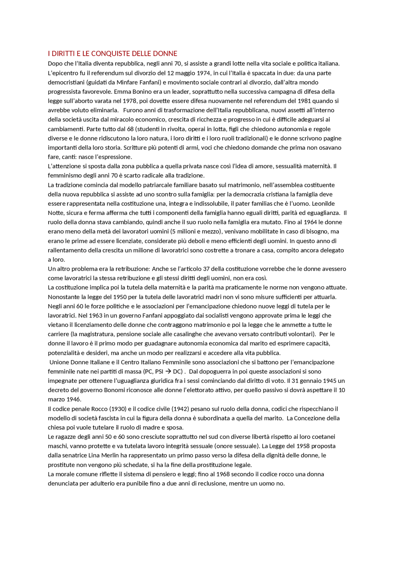 Diritti e conquiste delle donne nella storia - Docsity