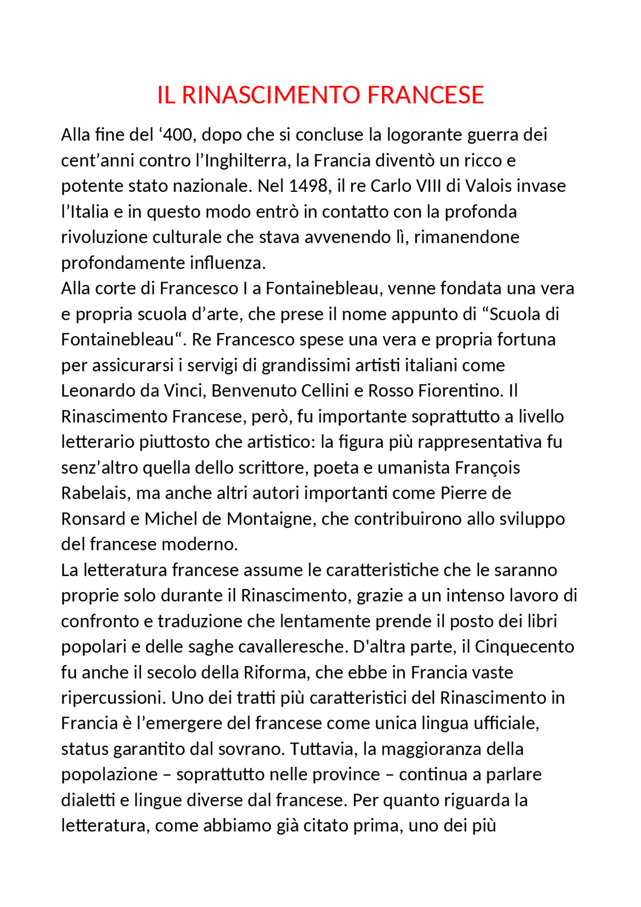 Rinascimento Francese Letteratura Docsity