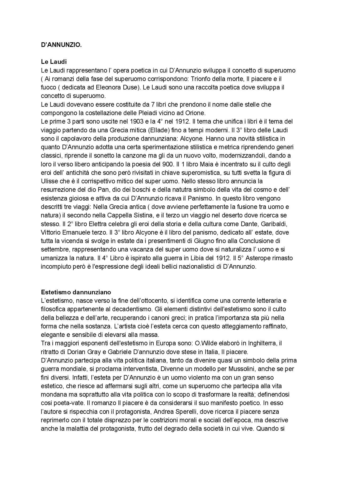 Riassunto Sulla Vita E Opere Di Dannunzio Docsity