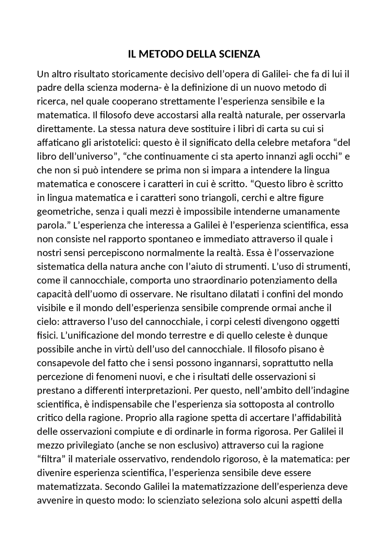 Il Metodo Della Scienza Galilei Appunti Di Filosofia Docsity