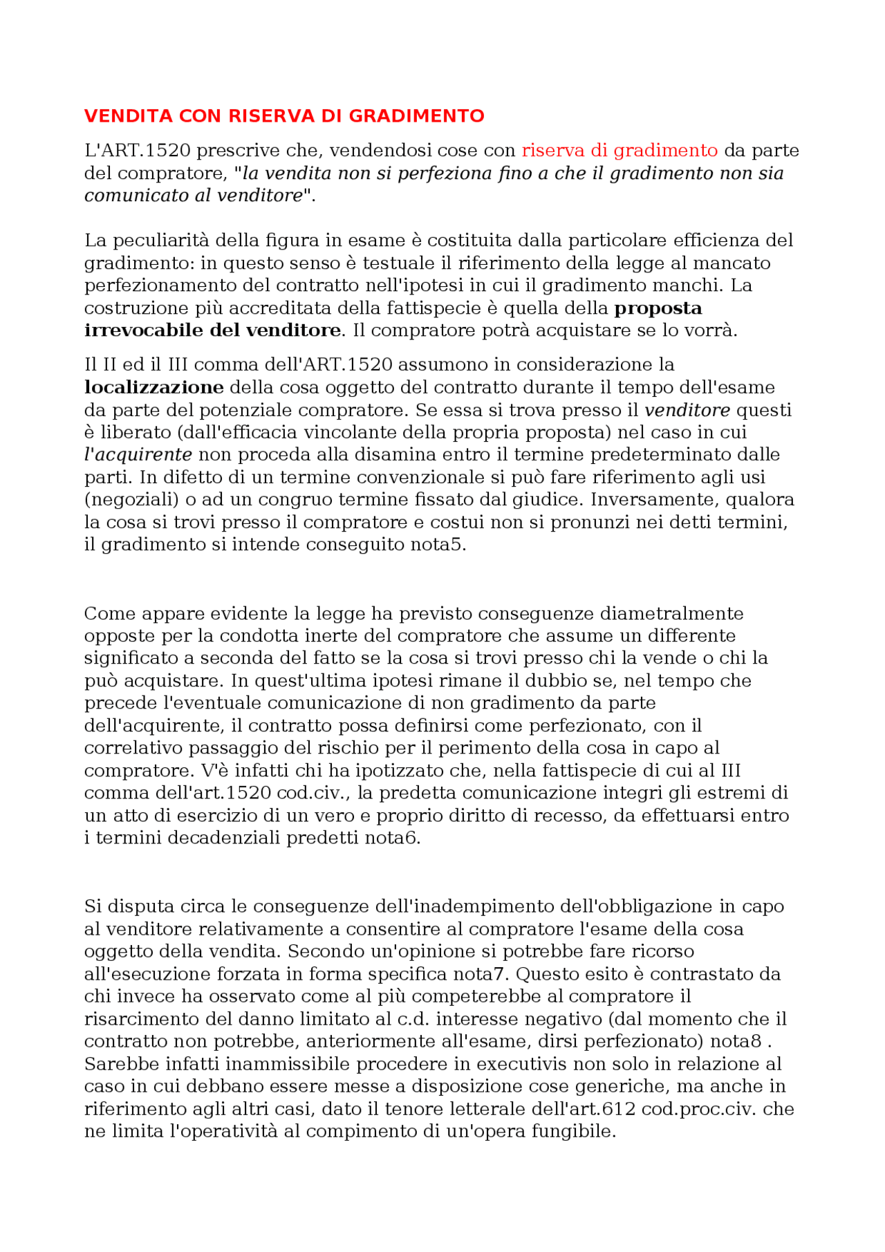 VENDITA CON RISERVA DI GRADIMENTO - Docsity