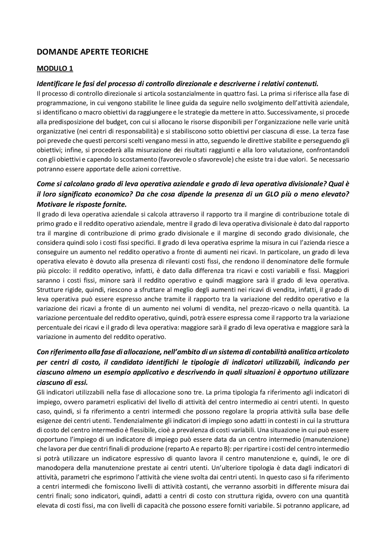 Domande aperte programmazione e controllo - Docsity