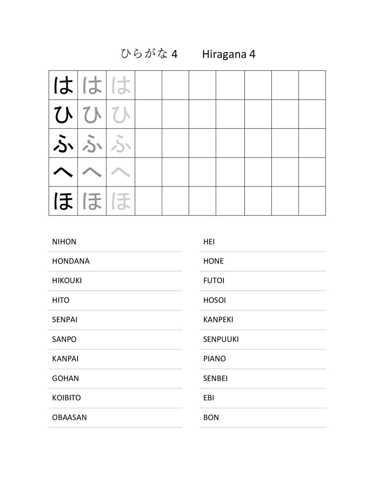 práctica hiragana de ha, hi, hu, he y ho | Exercícios de Língua ...