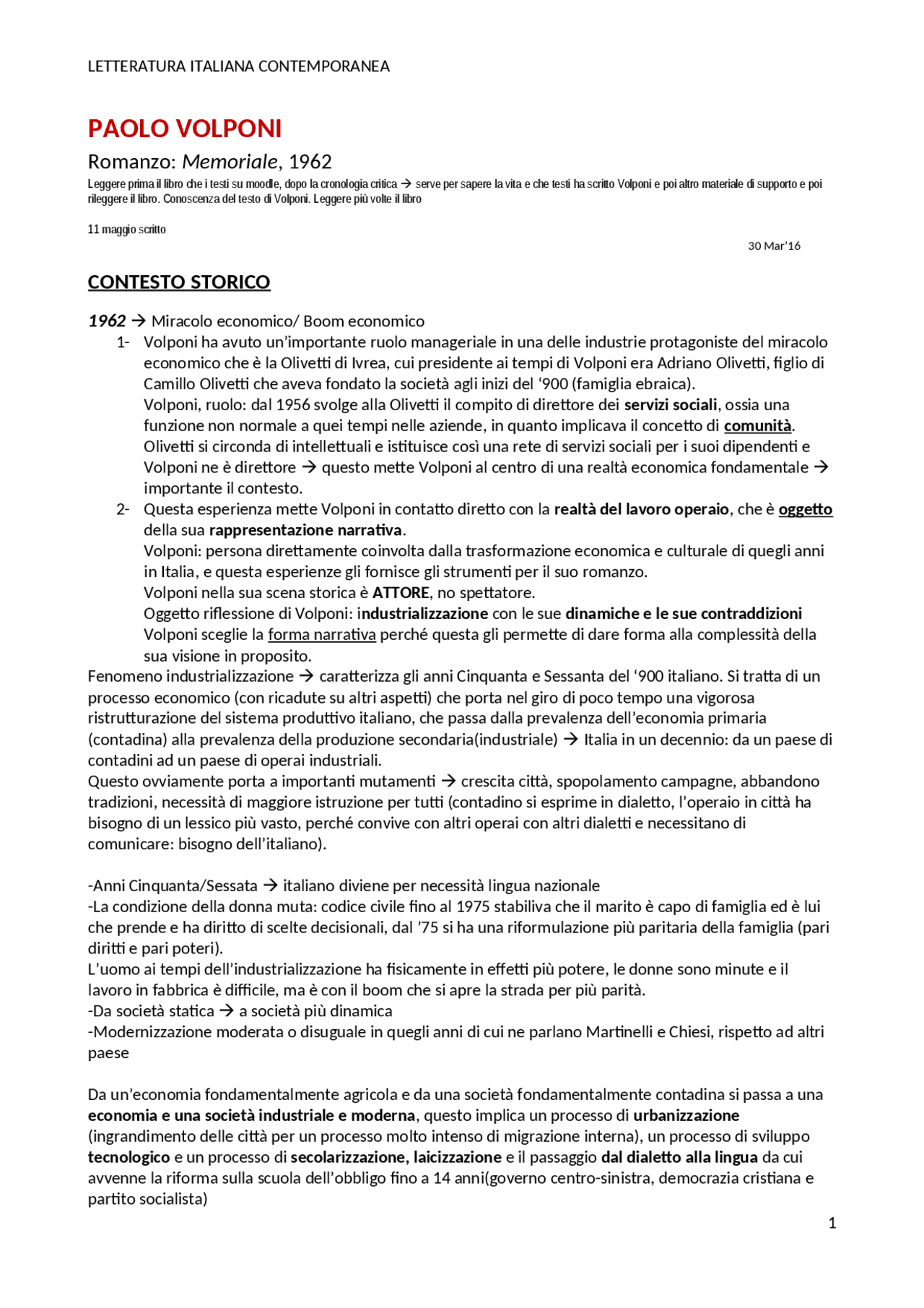 Paolo Volponi, appunti e lezioni - Docsity