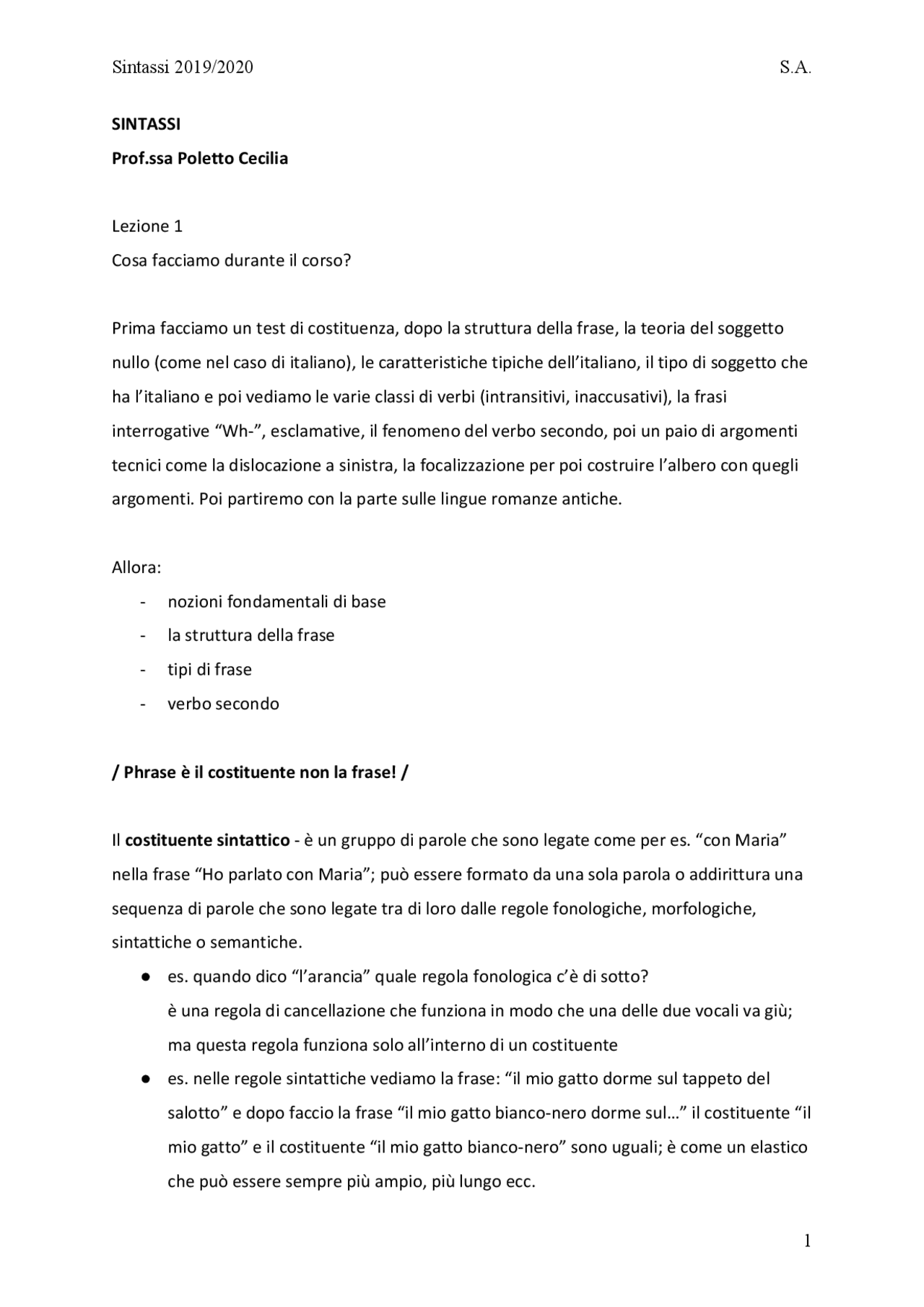 Sintassi - MAGISTRALE | Sbobinature di Morfologia e Sintassi | Docsity
