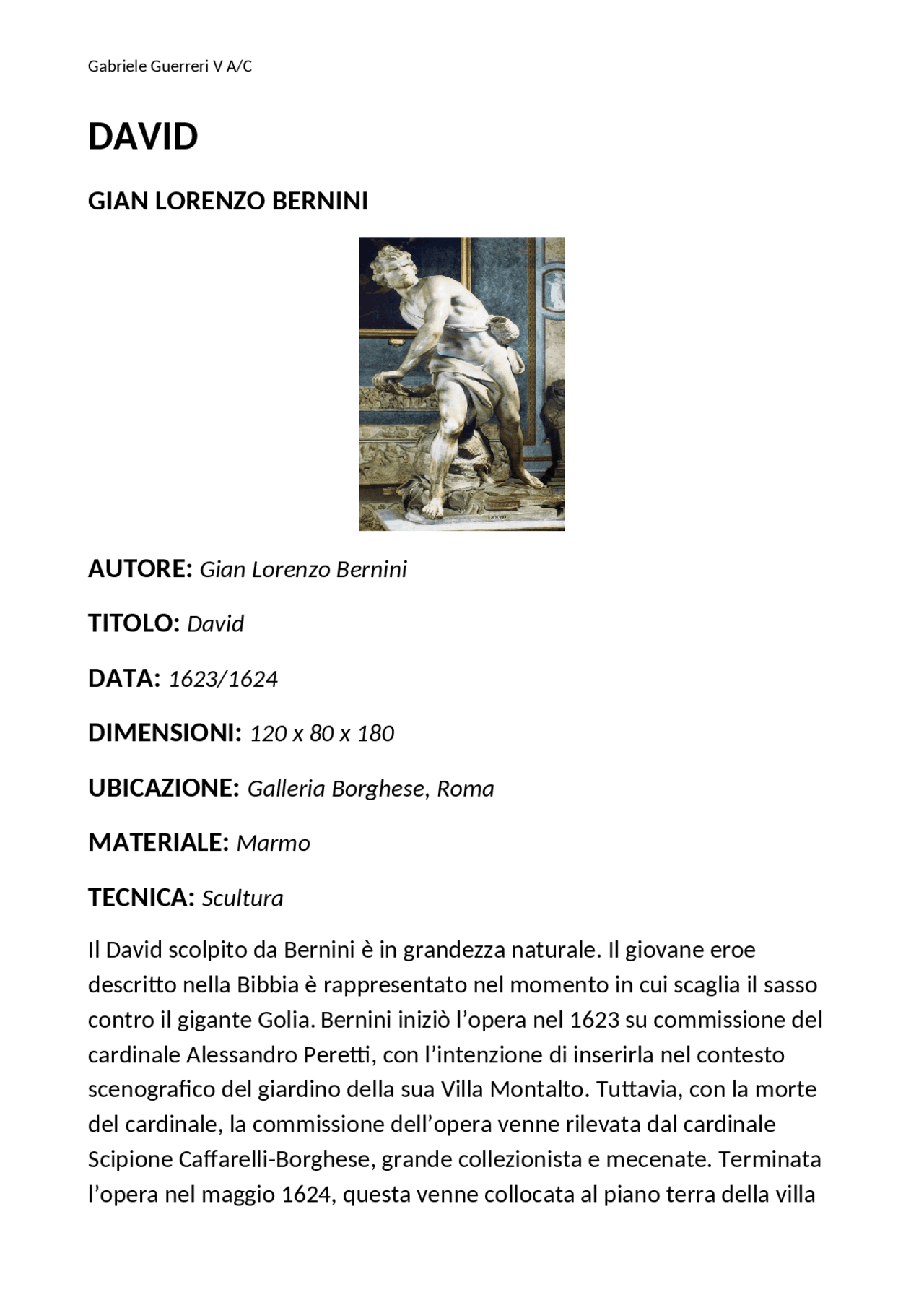 Descrizione opera David di Bernini - Docsity