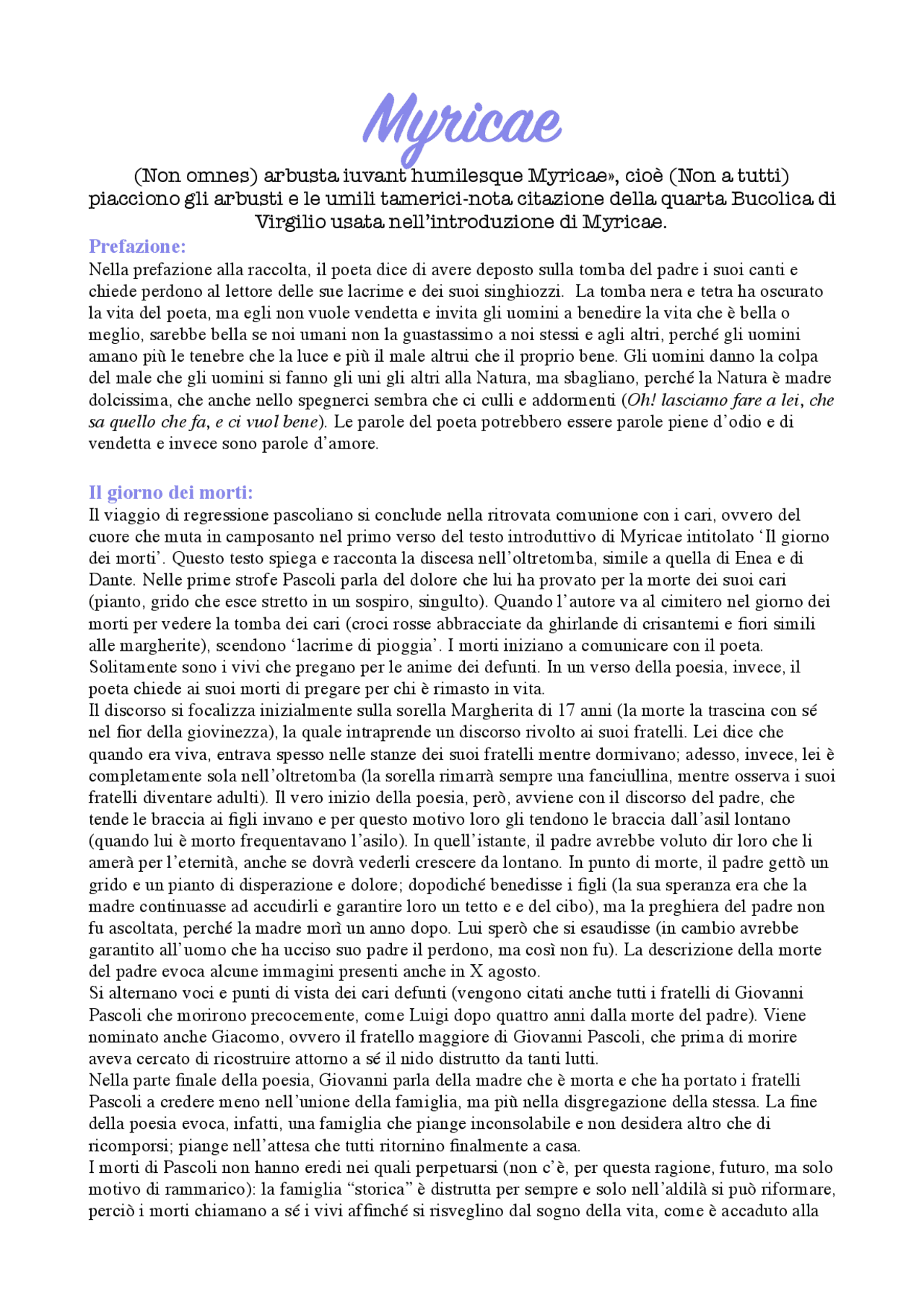 Myricae prefazione, nota bibliografica e spiegazione delle poesie - Docsity