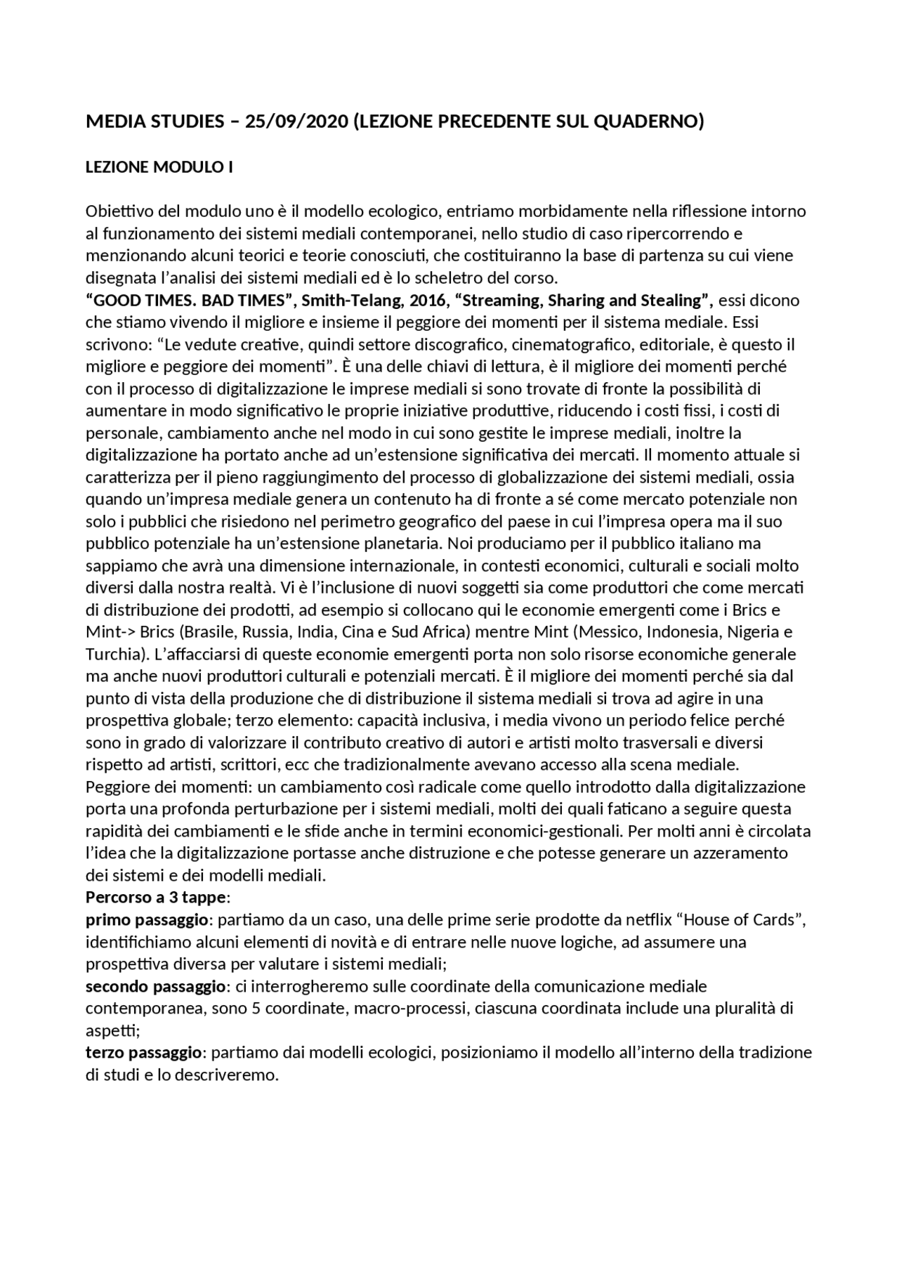 Primo modulo media studies primo semestre - Docsity