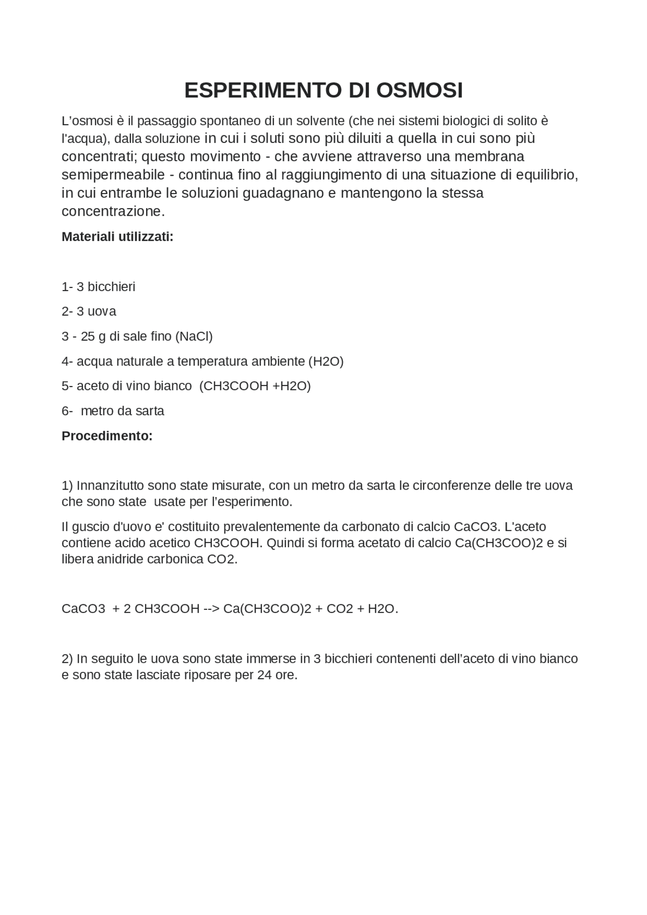 Esperimetno Osmosi Relazione Esercizi Di Chimica Docsity