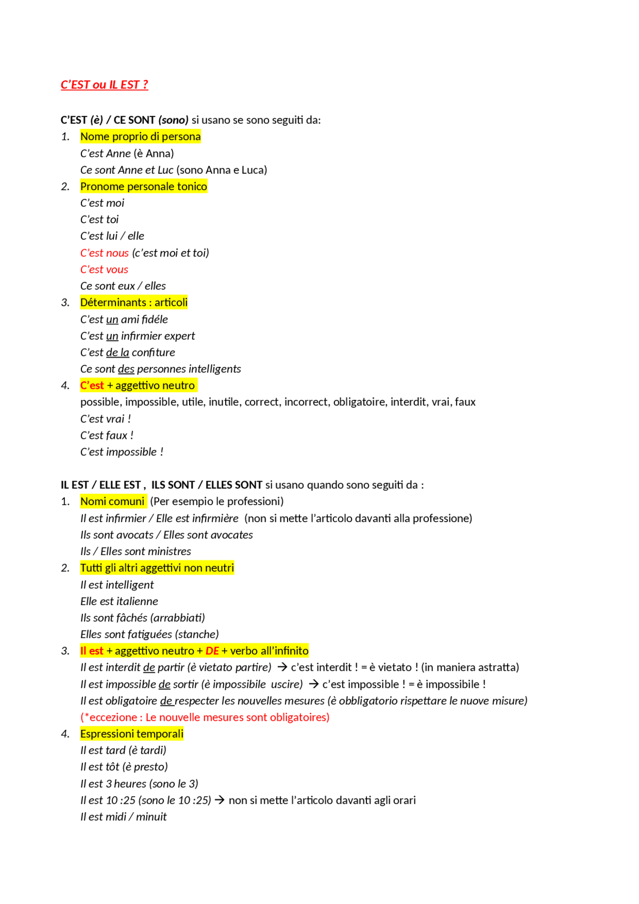 C'est/Il est, Y e EN | Appunti di Lingua Francese | Docsity