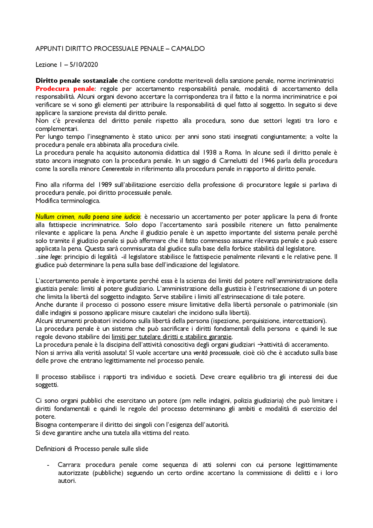 APPUNTI COMPLETI DIRITTO PROCESSUALE PENALE parte statica Lezioni primo semestre 2020.pdf - Docsity