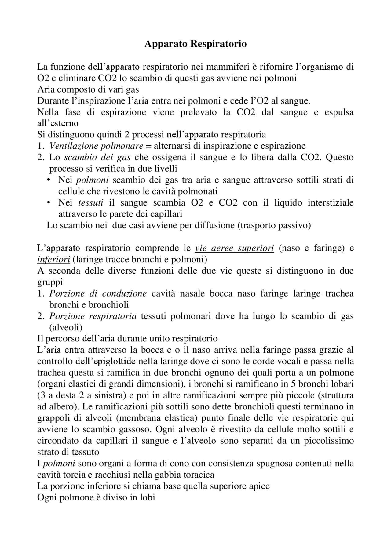 Apparato Respiratorio Umano Docsity