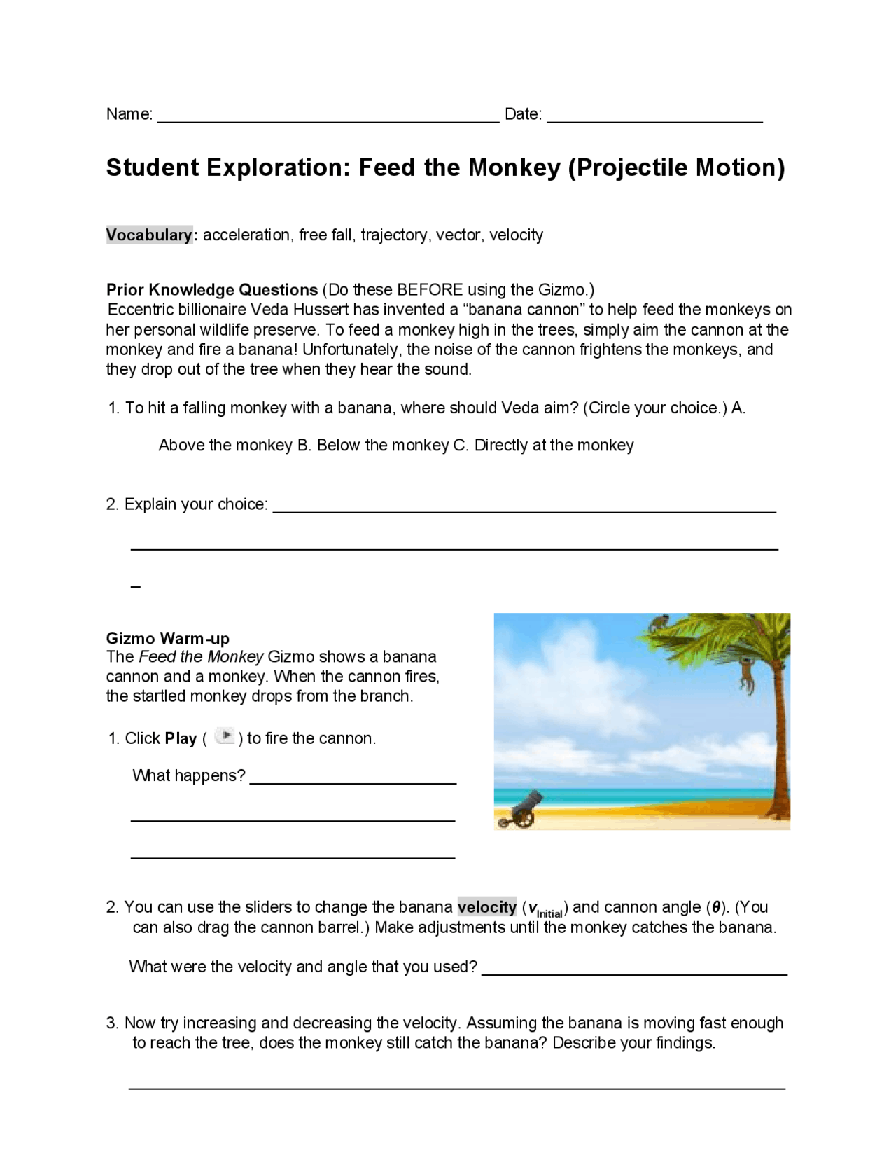 Feed Monkey - Gizmo assignment (projectile motion) - Docsity