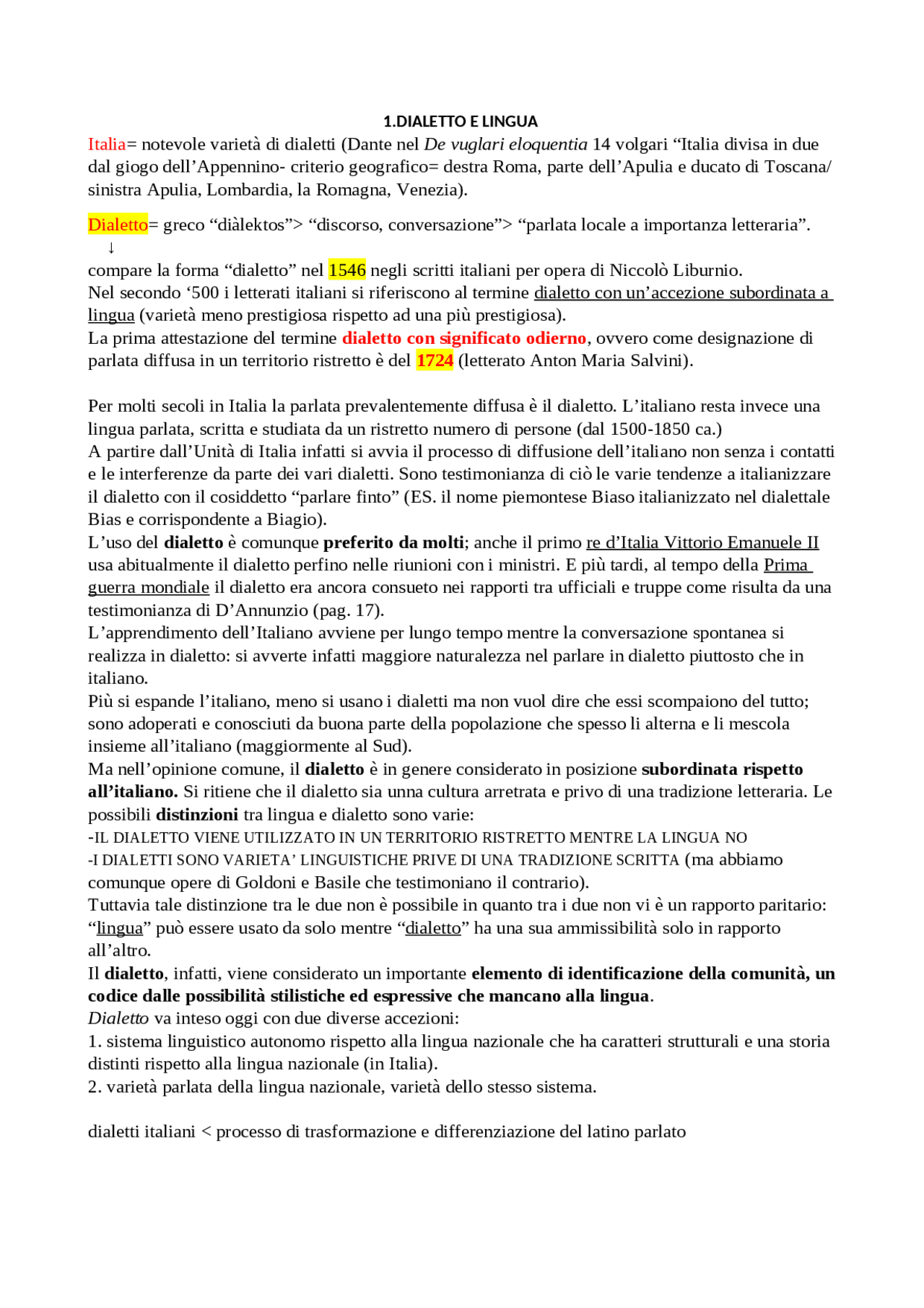 Dialetto Dialetti E Italiano Docsity