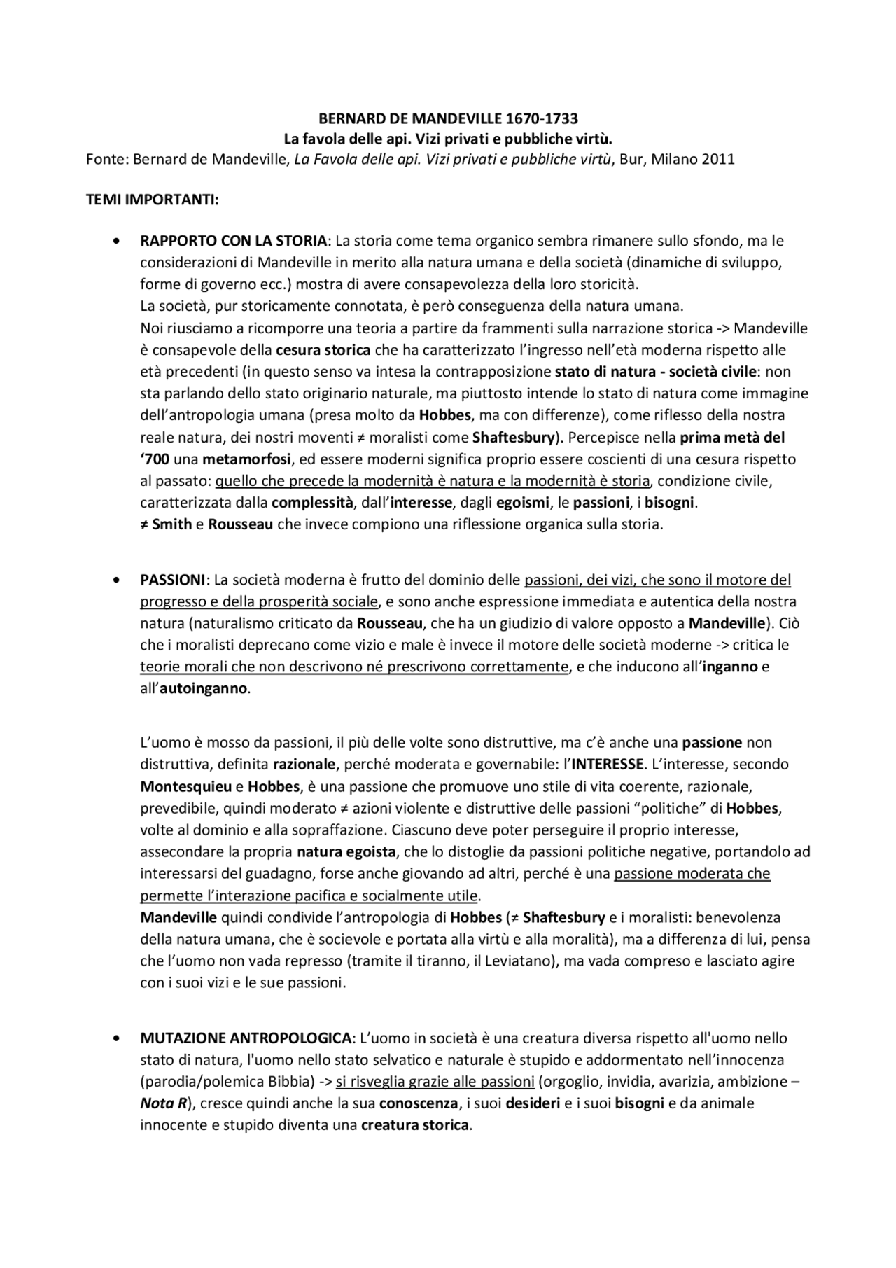 Schemi Sulla Favola Delle Api Di Bernard De Mandeville Docsity