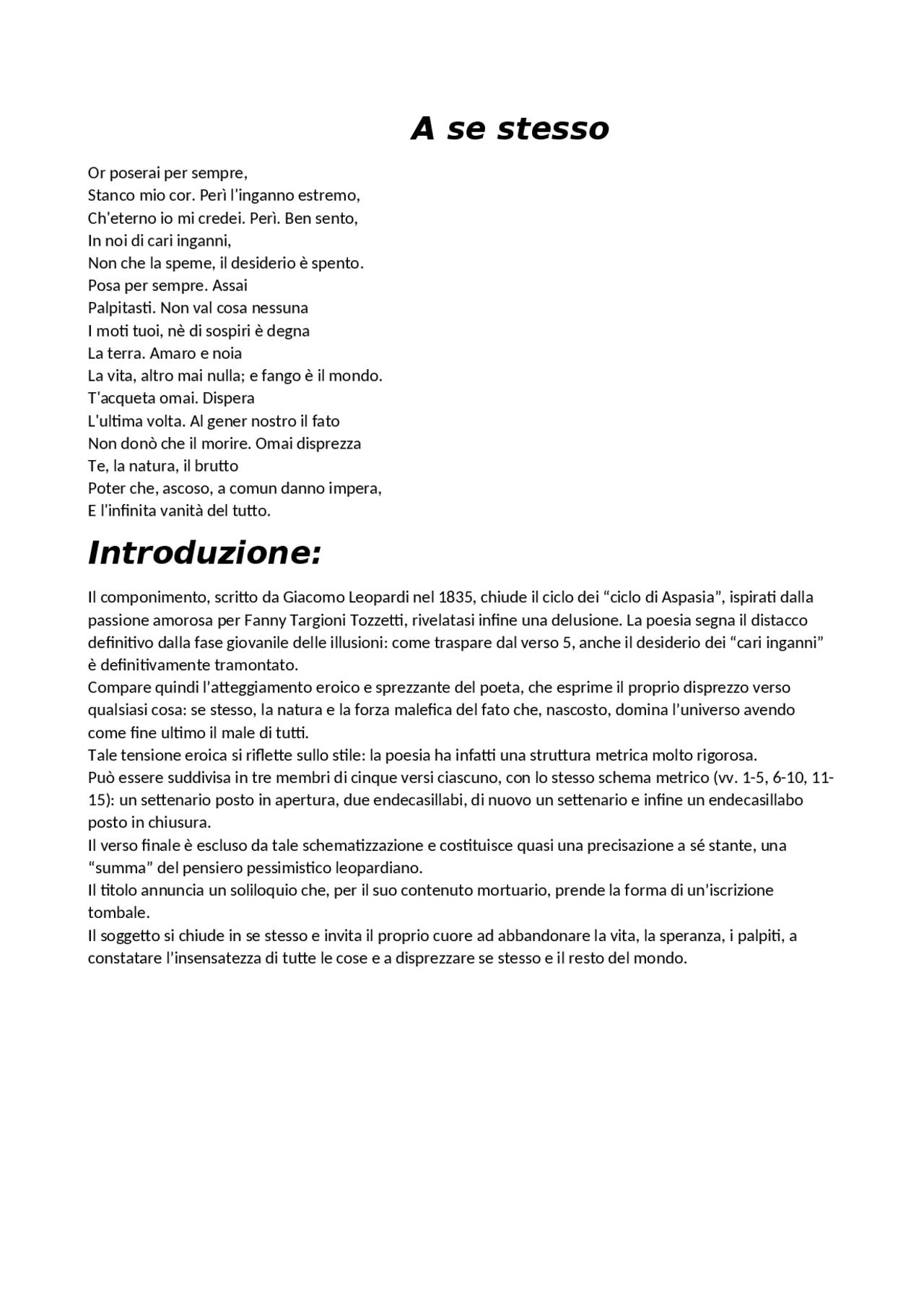 Analisi poesia " A se stesso" - Docsity