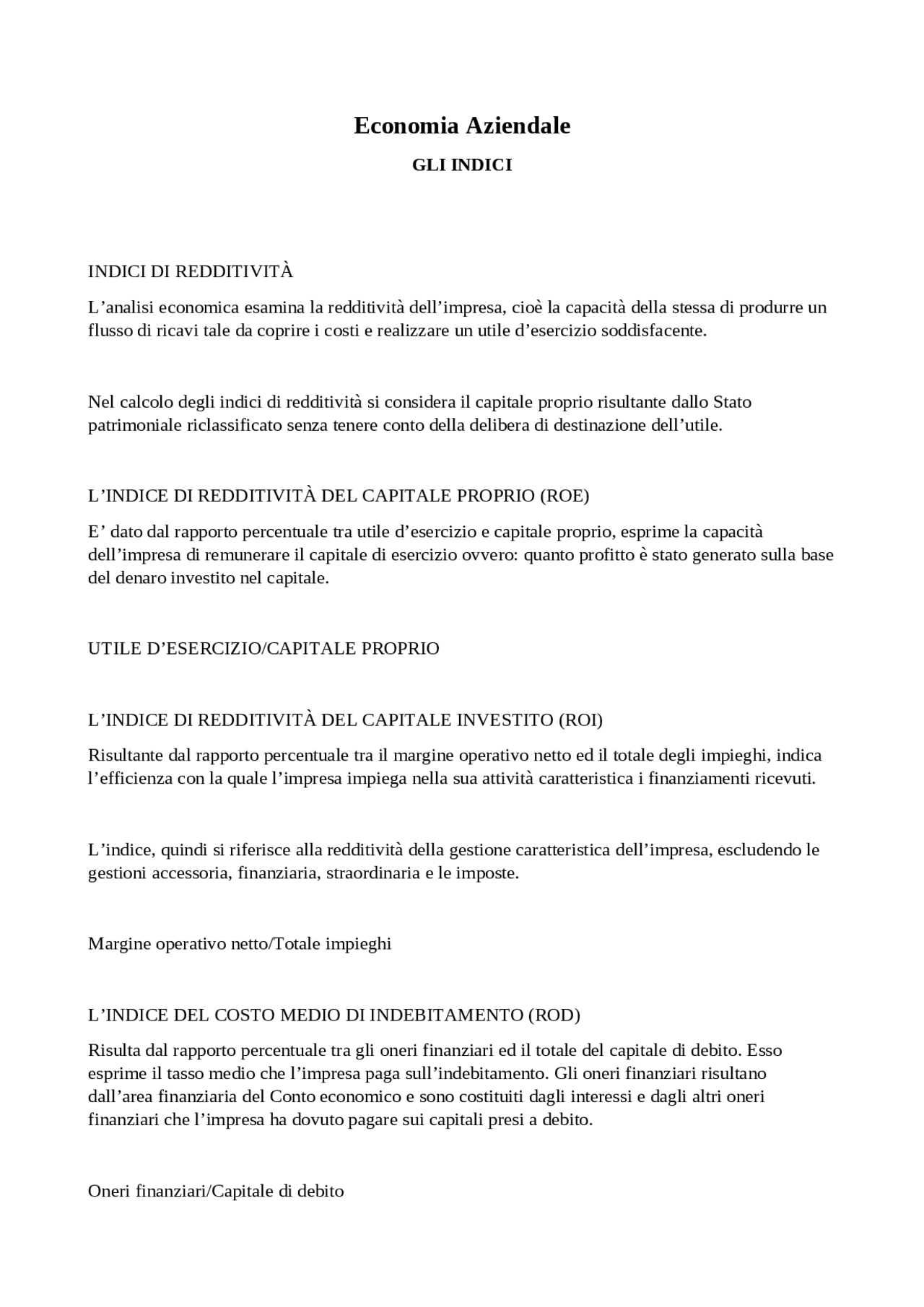 GLI INDICI DI BILANCIO COSA SONO - Docsity