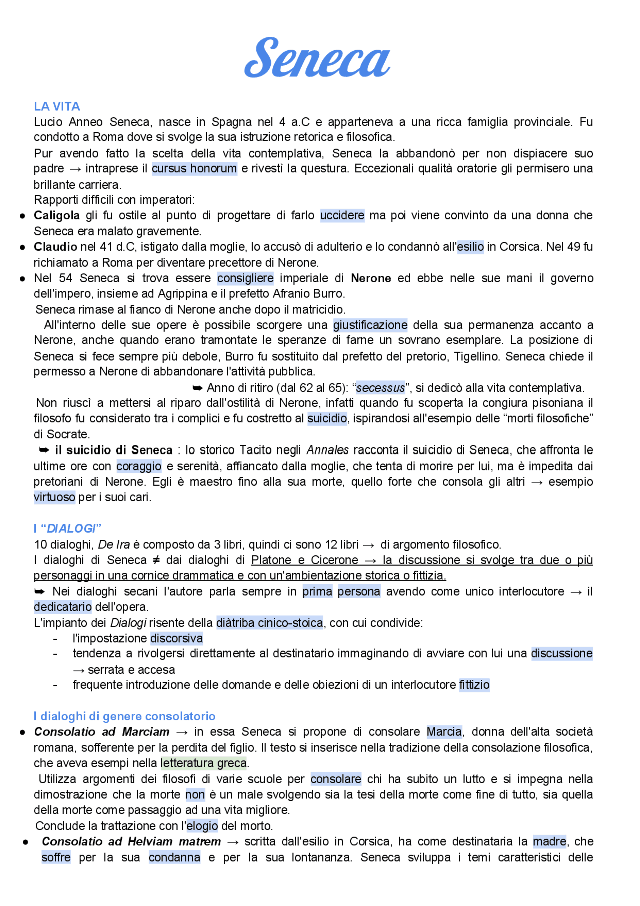 Riassunto di Seneca (vita e opere) | Sintesi del corso di Latino | Docsity