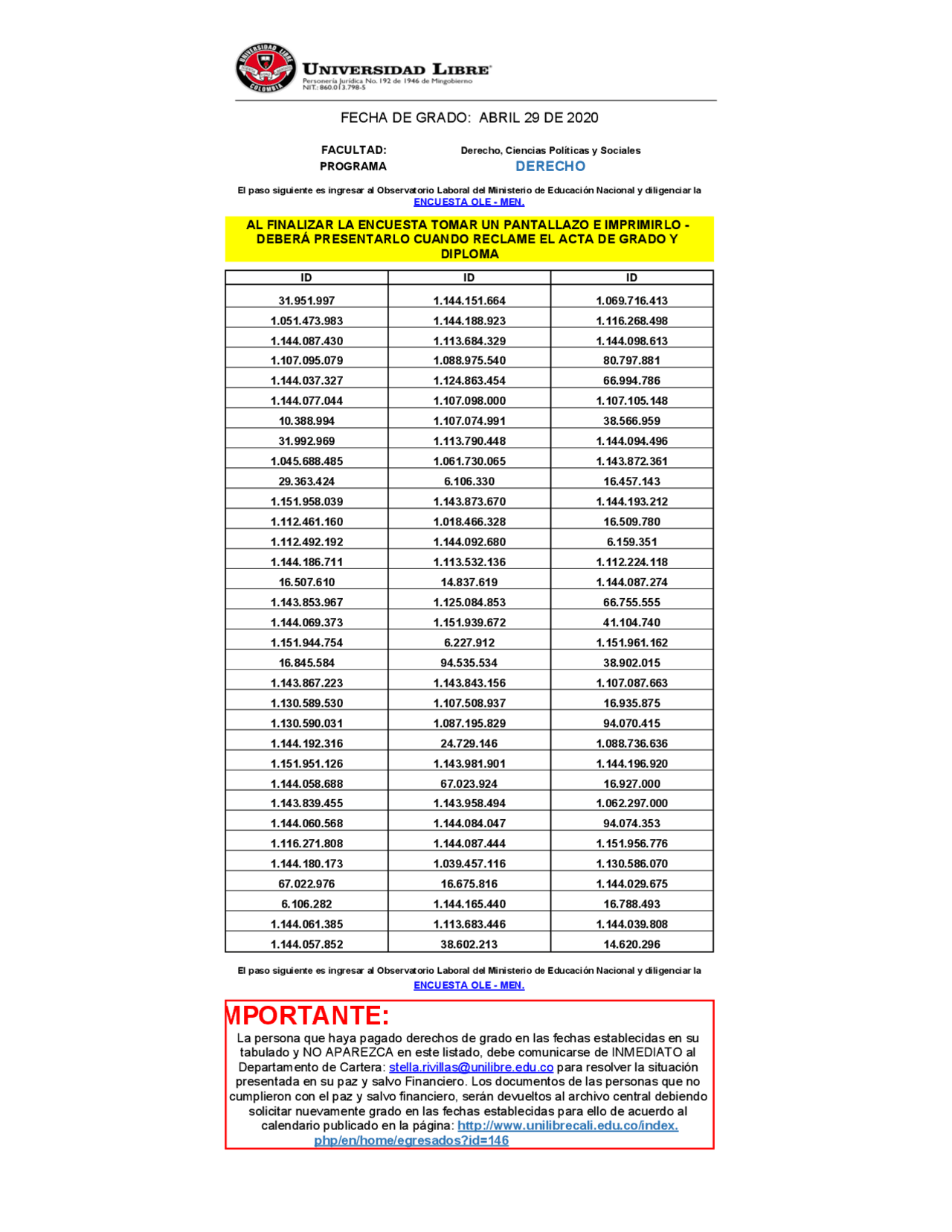 Lista de grado de fechas 2020 - Docsity