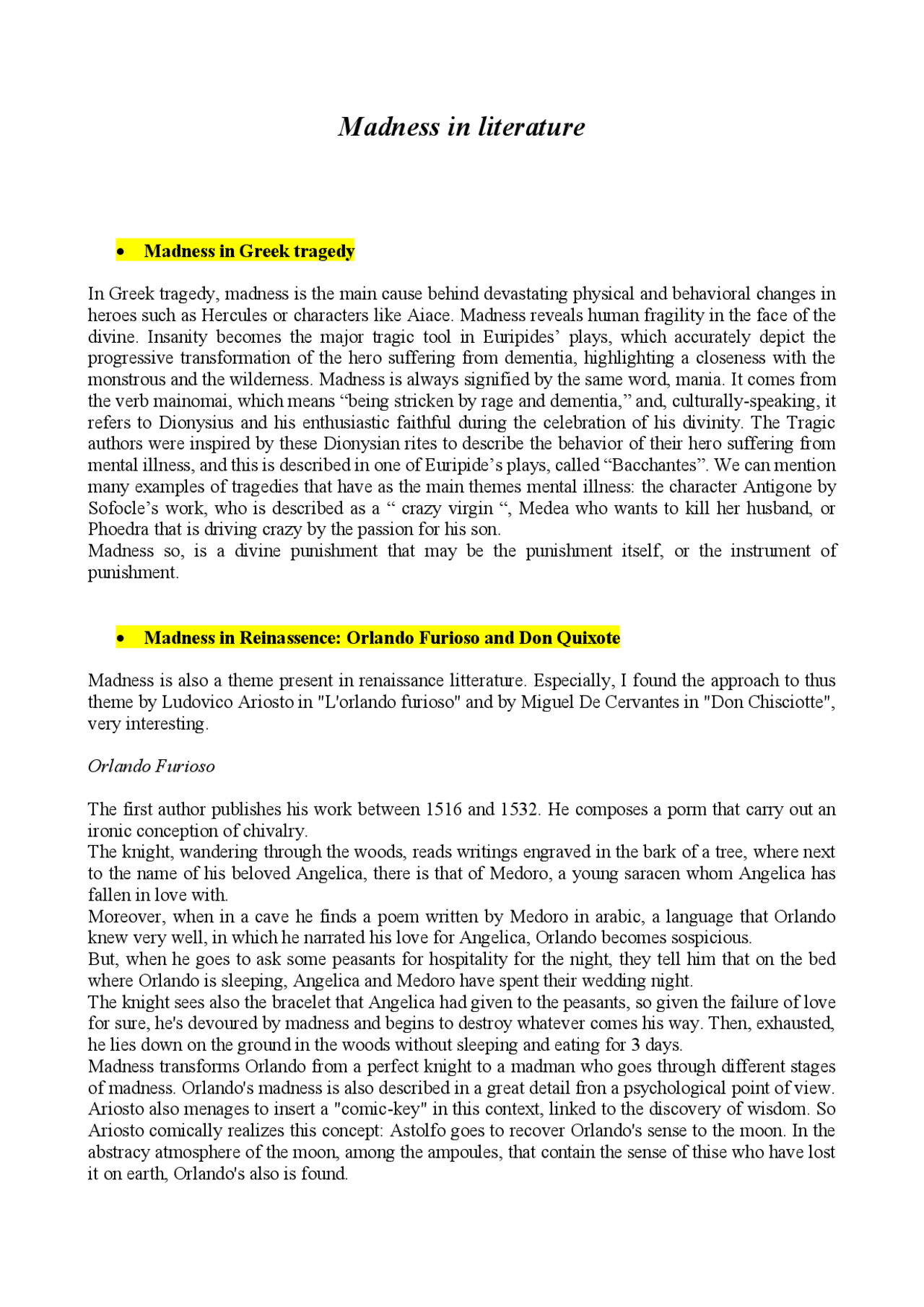 Madness in literature - Docsity
