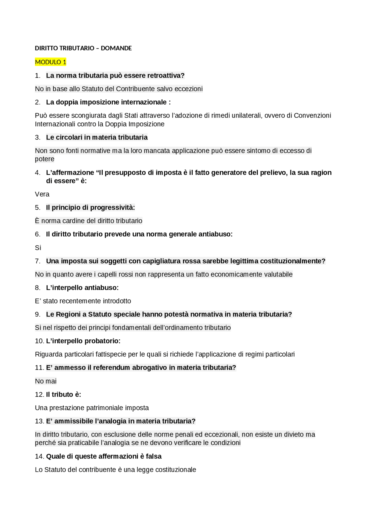 Diritto Tributario Test Docsity