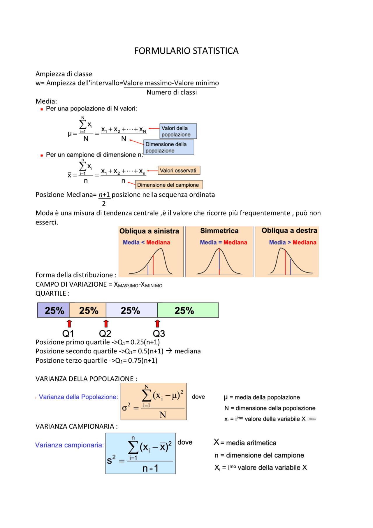 Formulario completo+ teoria statistica - Docsity