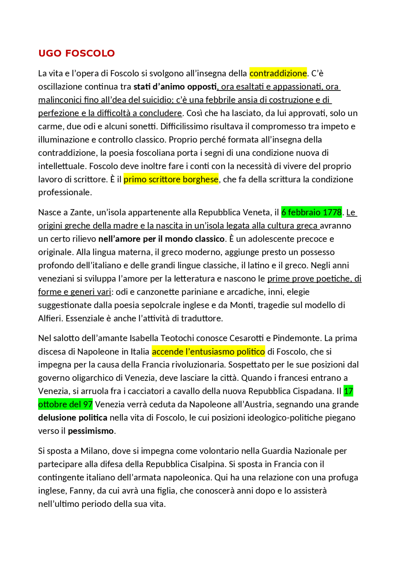 Foscolo Riassunto Luperini Cataldi Docsity