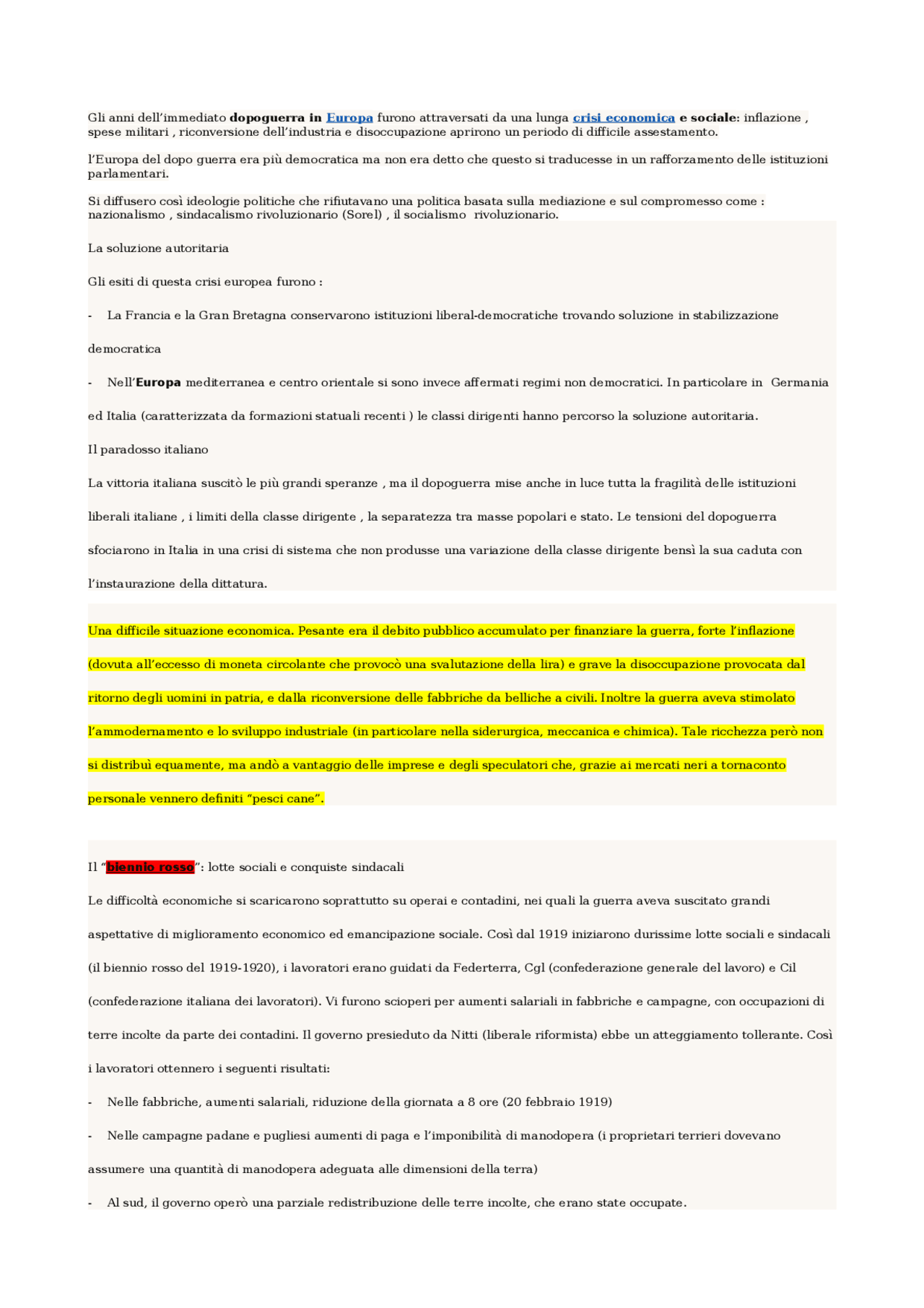 Biennio Rosso In Europa Docsity