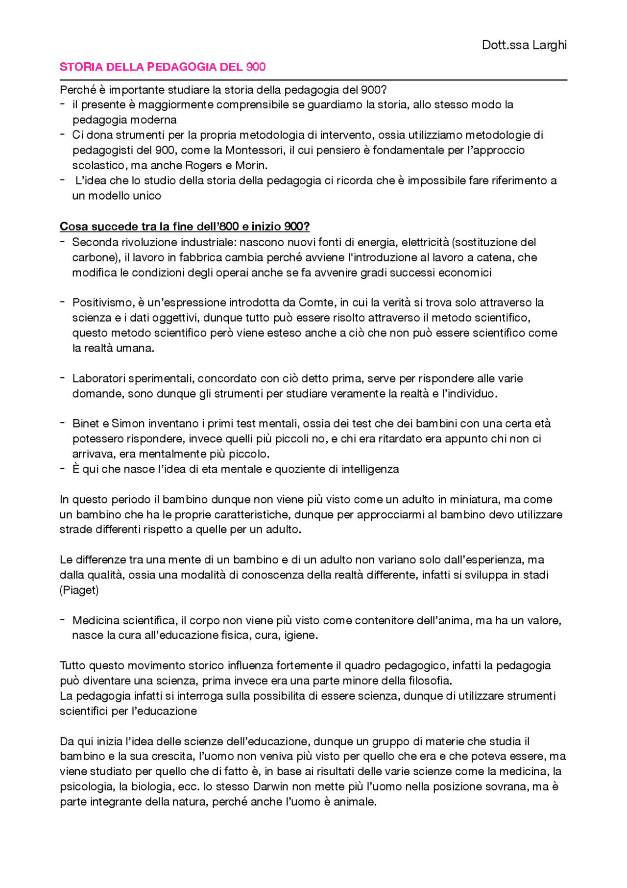 Pedagogia del 900, lezione 1-2-3 - Docsity