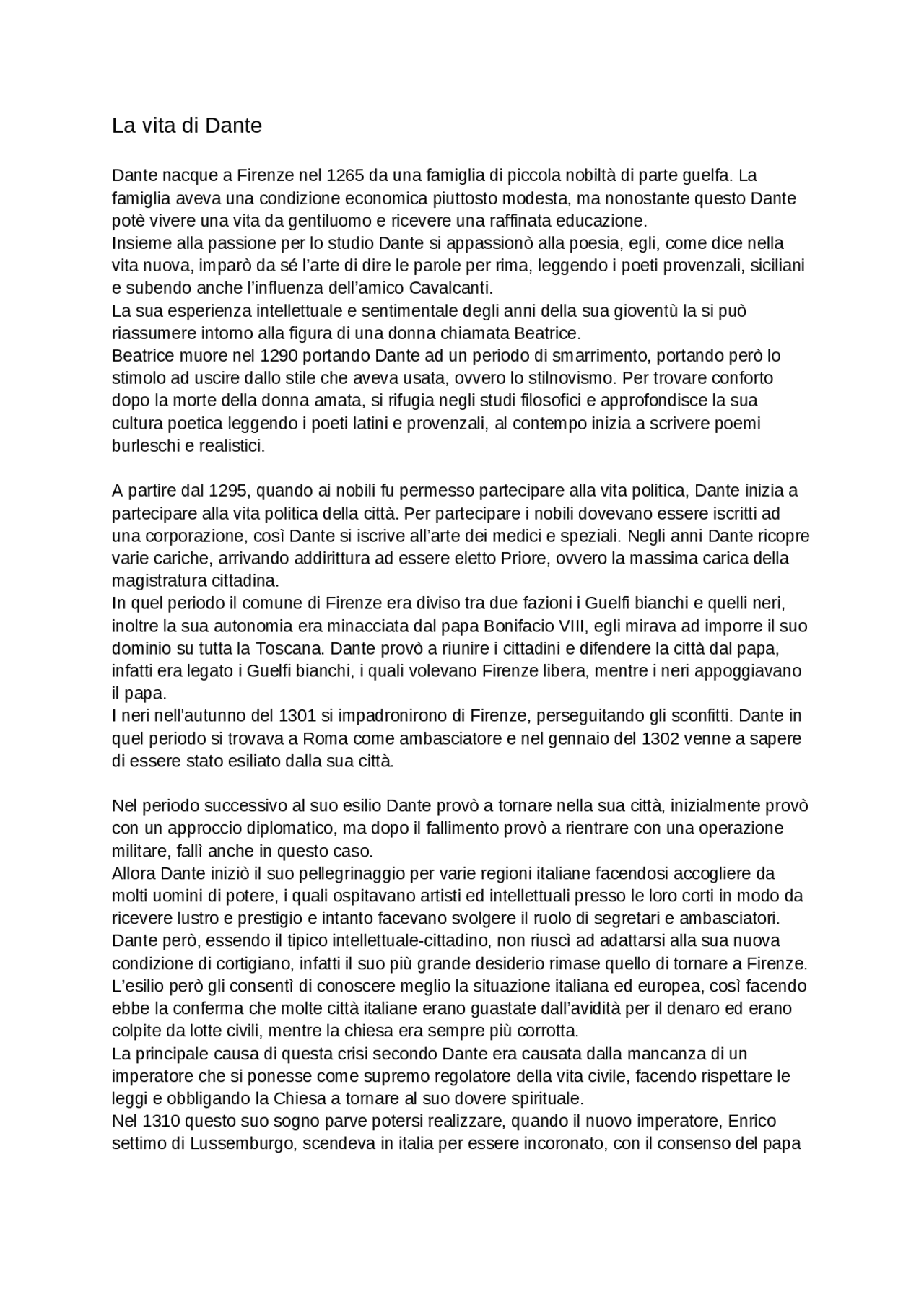 Dante Alighieri E Le Sue Opere Docsity