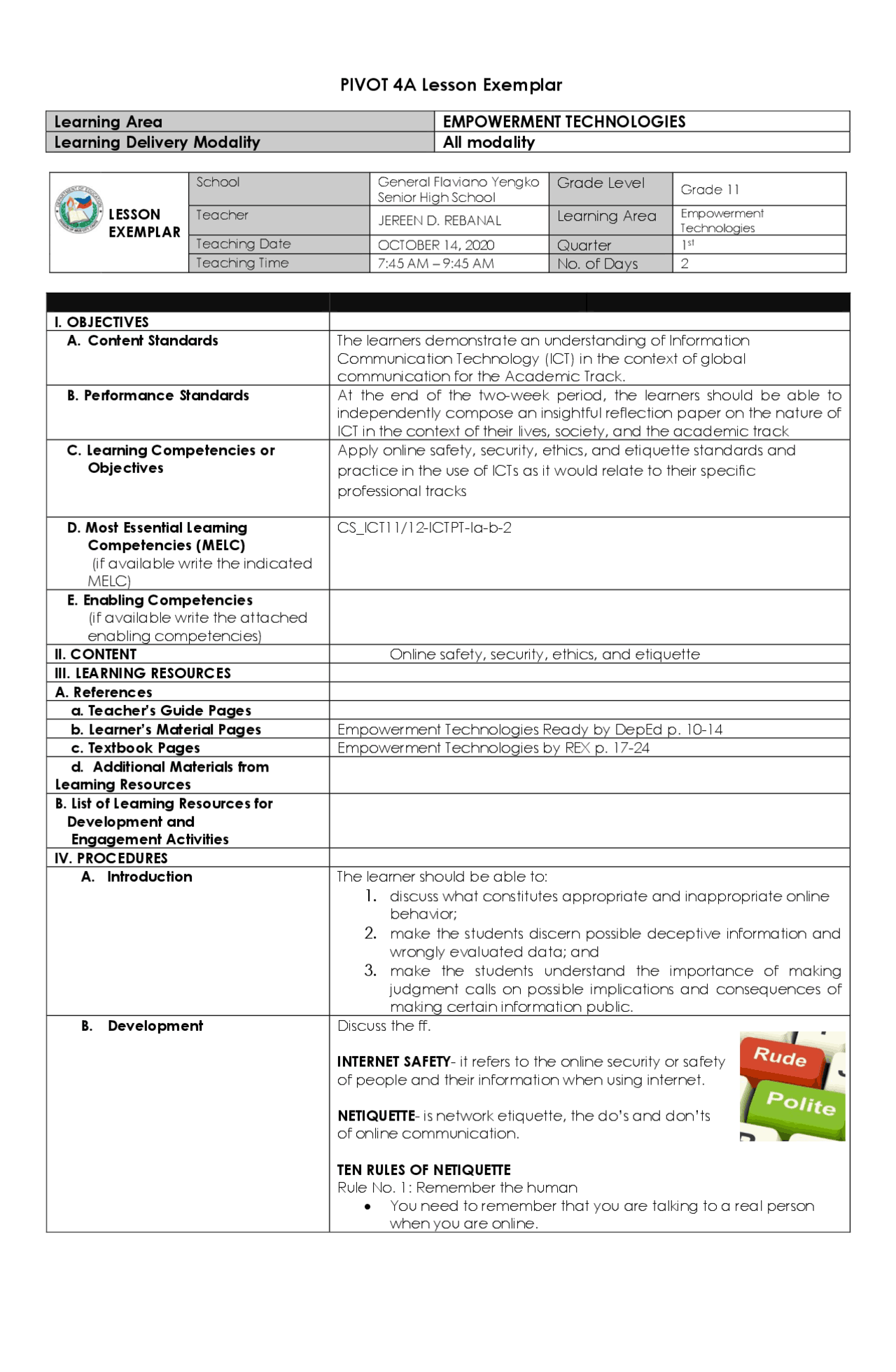 Lesson Exemplar For E Tech Docsity