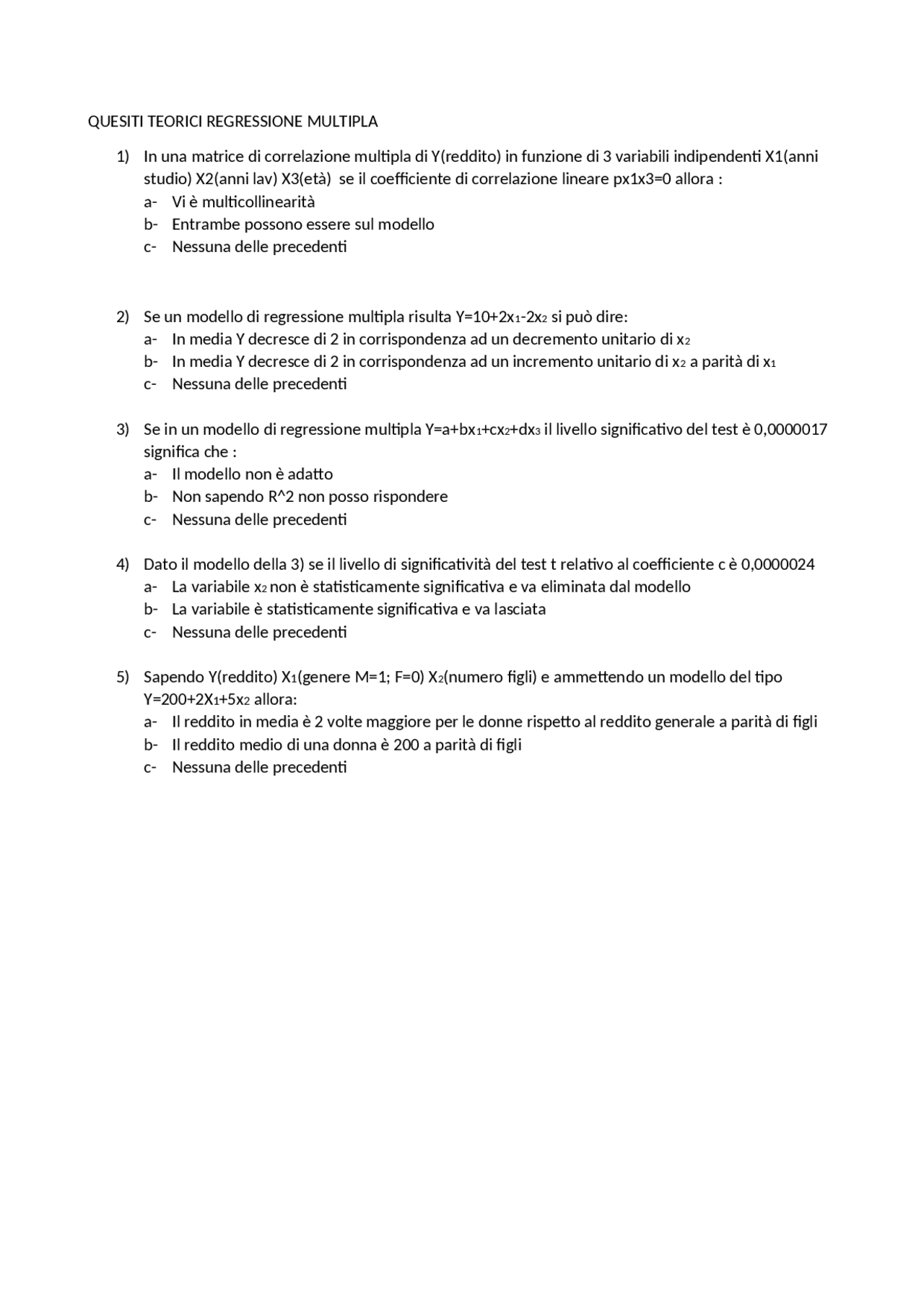 Quesiti Regressione Multipla Esercizi Di Statistica Docsity