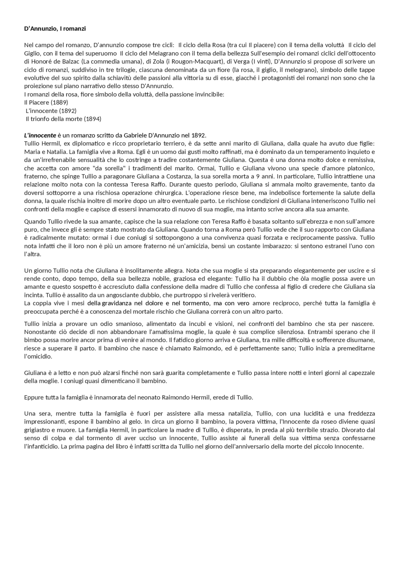 Linnocente La Vergine Delle Rocce Il Fuoco Riassunti Dannunzio Docsity