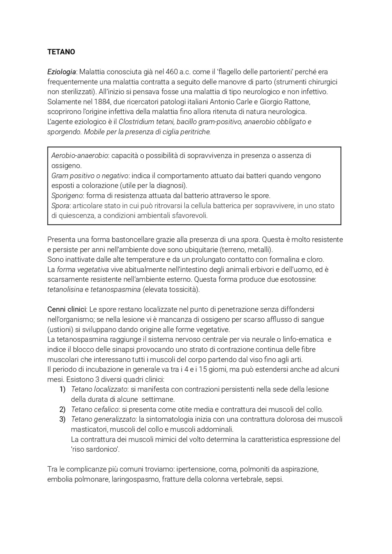 Tetano Eziologia Trasmissione Docsity