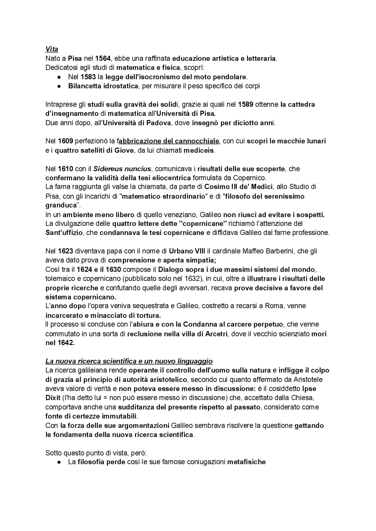 Galileo Galilei Riassunto Docsity